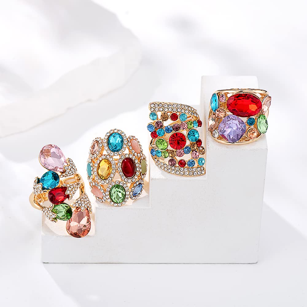 Ecesha 4 PCS/Set Gold Crystal Adjustable Statement Cocktail Rings Set Colorful Rhinestone Irregular Geometric Stretch Rings for Women