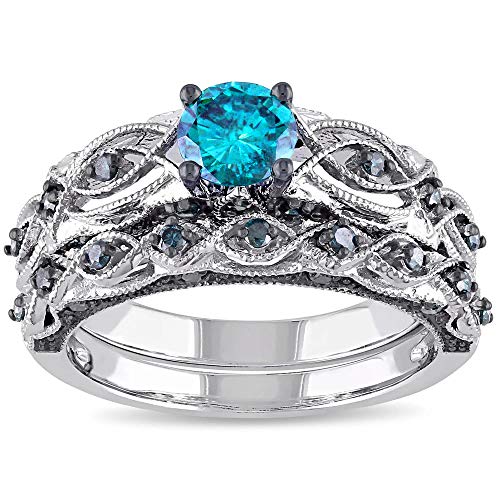 Czjewelry White Gold Plated Bridal Simulated Sapphire Cz Stone Ring Sets | Wedding Band for Women