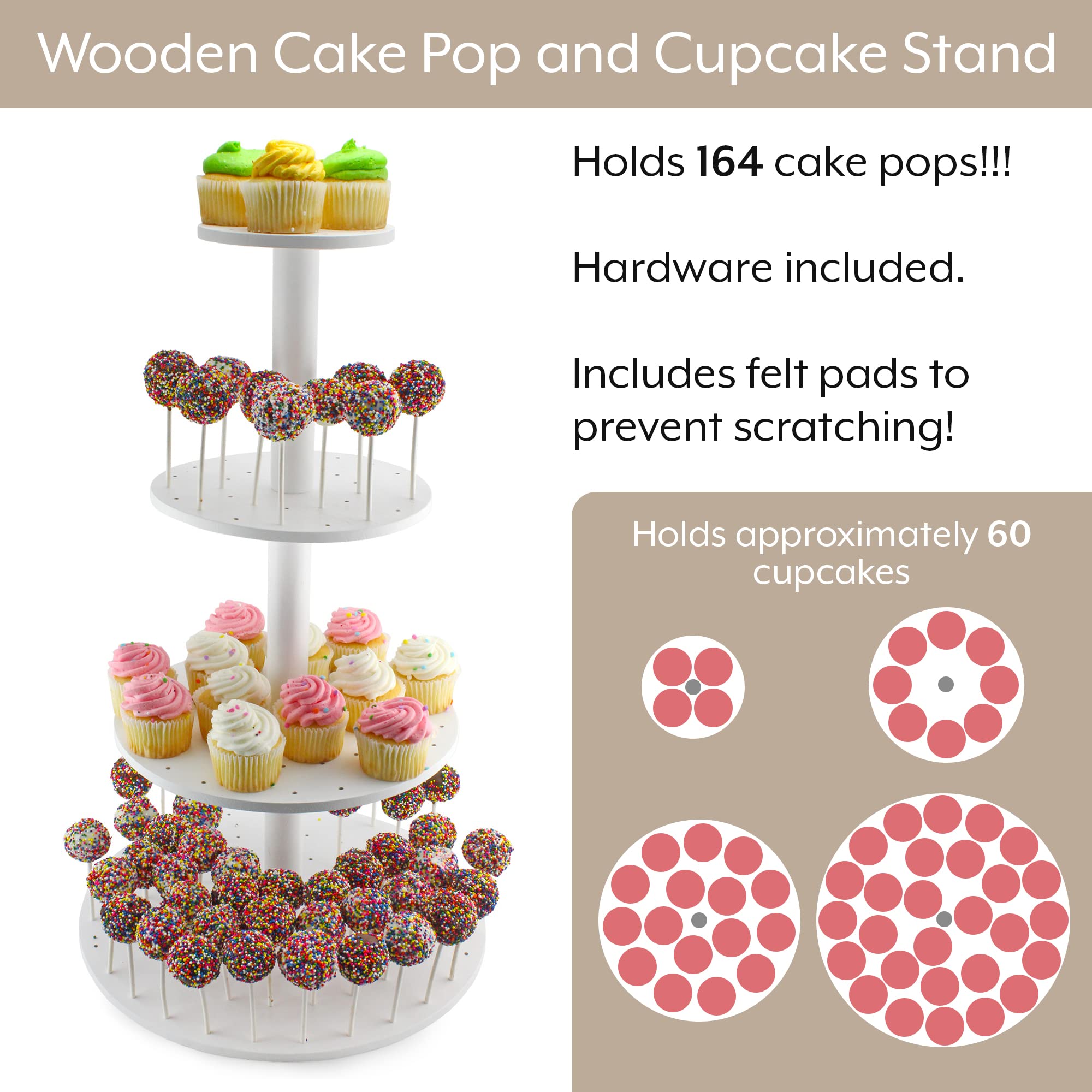 Darware Cake Pop/Cupcake Stand (4-Tiered); White Wooden Dessert Display for Parties and Special Events
