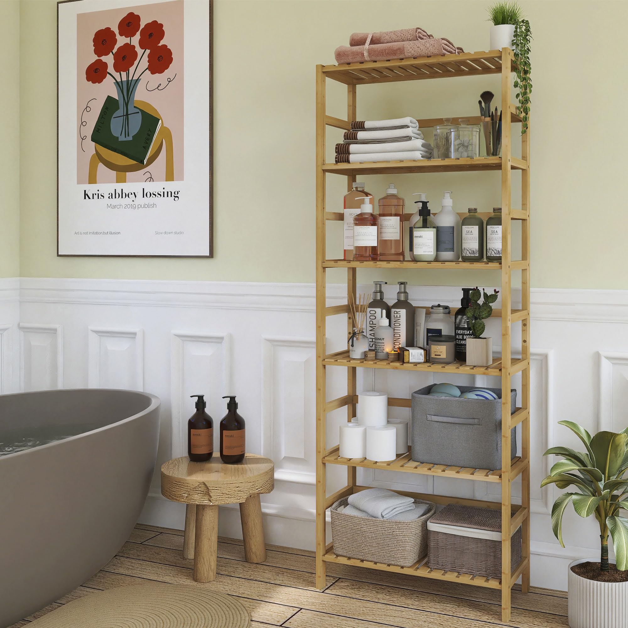 HITNET Bamboo Shelf, 6-Tier Adjustable Tall Open Bookcase, Bathroom Storage Rack Freestanding Shelving Unit, Plant Display Stand for Small Space, Natural