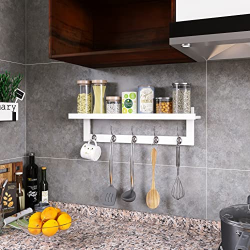 SMIBUY Coat Hooks with Shelf Wall-Mounted, 29.2 Inch Entryway Coat Rack for Wall, Bamboo Hanging Shelf with 5 Double Metal Hooks for Bathroom, Bedroom, Kitchen, Living Room, Mudroom (White)