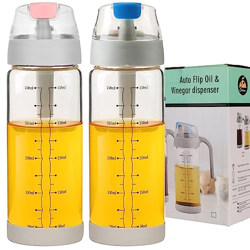 CHEFTOON Oil and Vinegar Dispenser Set,2 Glass Oil Bottles with No Drip Spout,450ml Olive Oil Bottle,Ideal Kitchen Oil Dispenser
