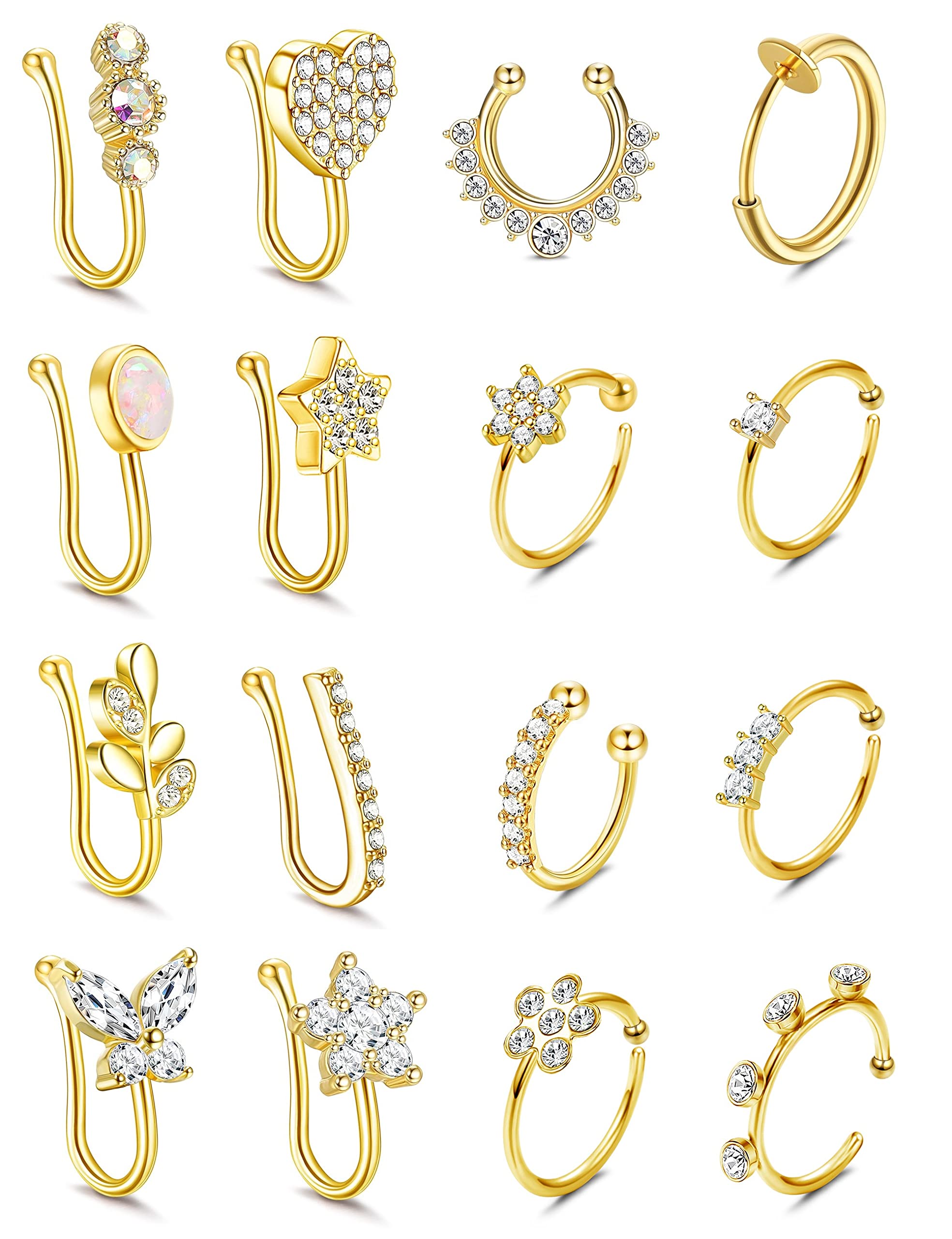 DOLOTTA 16Pcs Nose Cuff Fake Nose Ring Hoop Clip on Nose Ring Cubic Zirconia Fake Septum Nose Ring Cartilage Tragus Ring Nose Cuff Non Piercing for Women Men Gold