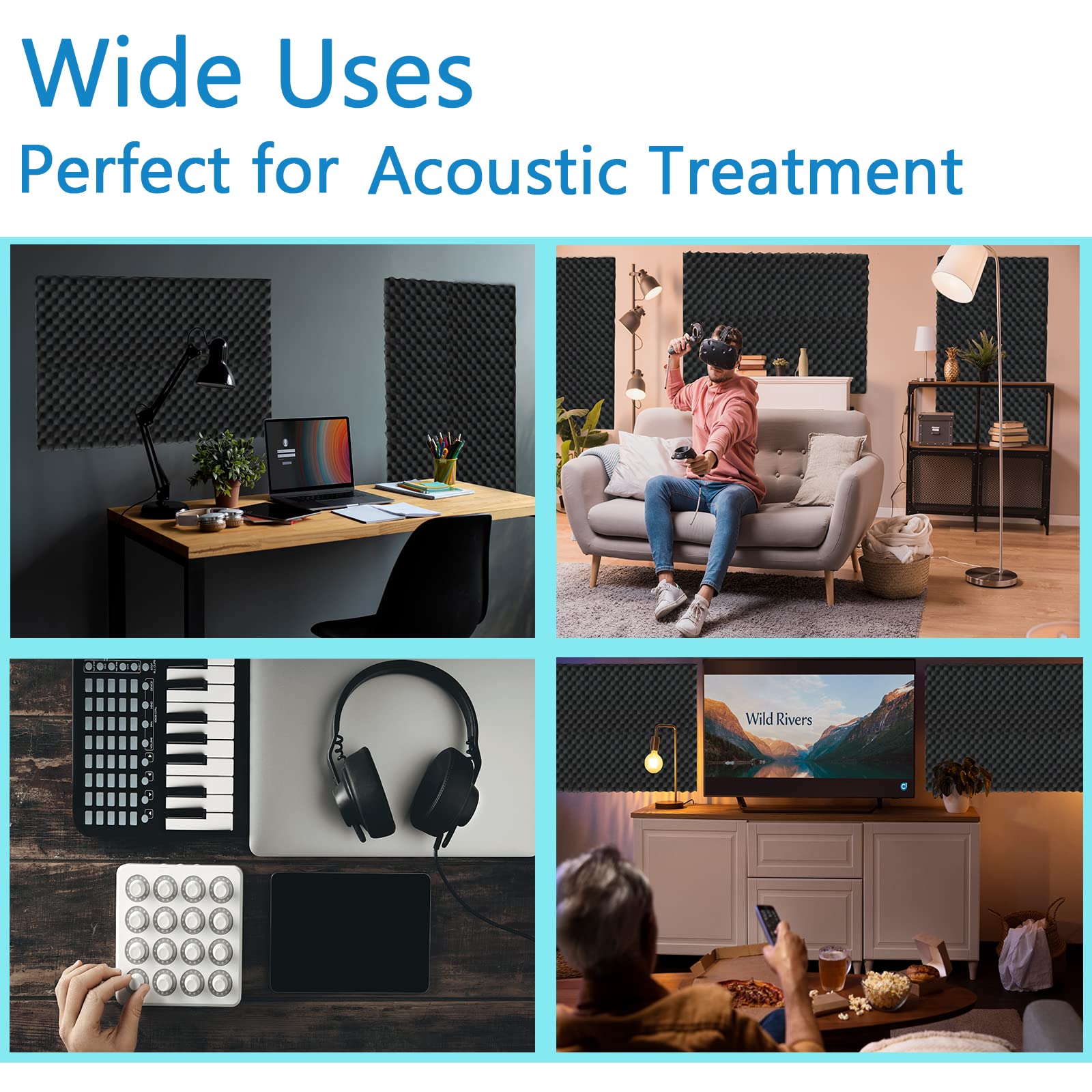FOUCARSI 4 Pack Self-Adhesive Acoustic Foam Egg Crate Panels Soundproof Studio Foam Wall Panels 48" X 24" X 2" Noise Absorbing for Recording Studios, Home Theaters, and Gaming Rooms