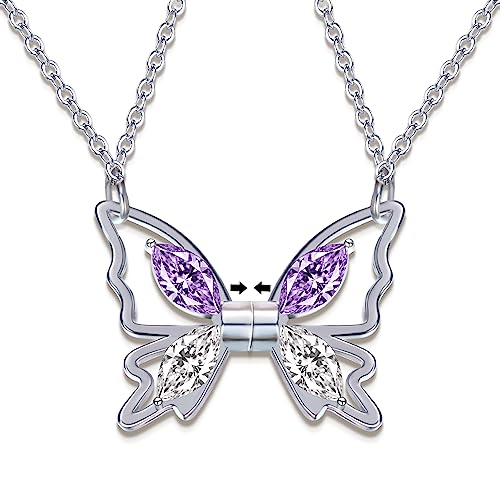 SmileBelle Best Bff Necklace for 2 Magnetic Butterfly Friendship Necklace as Bestie Gifts for 2 Teen Girls, Matching Friends Necklace Birthday Long Distance Jewelry Gift for Best Friends Female Women