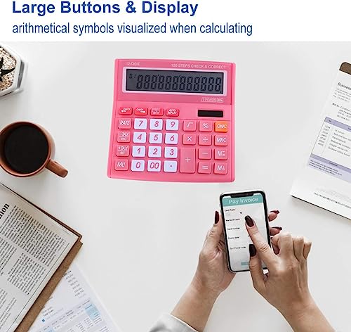 Office Desk Calculator 12 Digits with Solar Power and Easy to Read HD LCD Display, Big Buttons, for Financial Affairs,Home, Office, School, Class and Business,with Battery,Pink