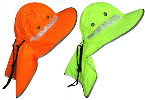 Men High Visibility Sun Hat with Neck Flap Wide Brim Boonie Hat Bucket Cap Packable Adjustable (2PCS (Orange+Lime))