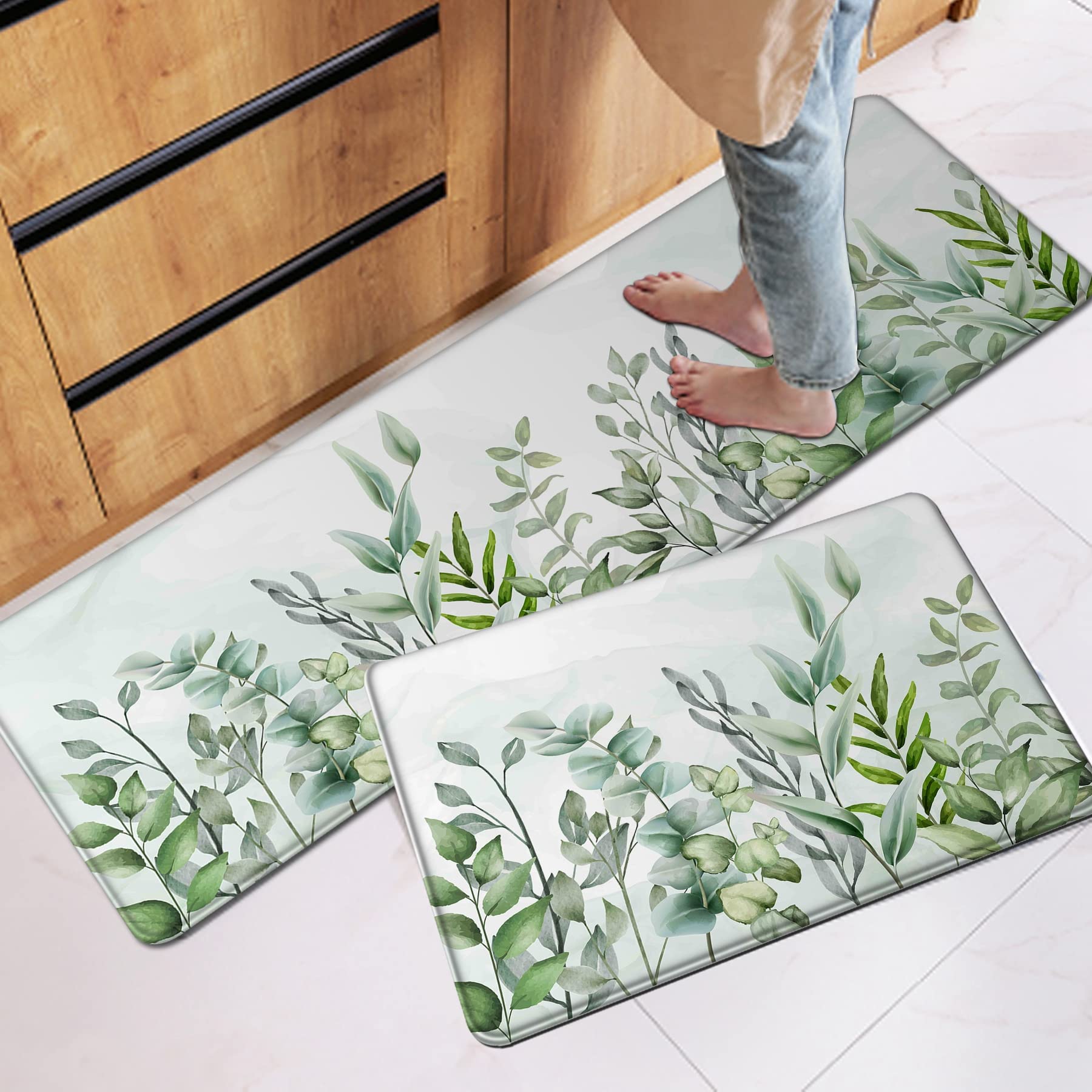 Eaiizer Watercolor Eucalyptus Leaves Kitchen Mats Set of 2 Spring Green Leaf Kitchen Rugs Set Kitchen Mats for Floor Cushioned Anti-Fatigue Kitchen Mat Kitchen Decor Floor Mats for Home Kitchen