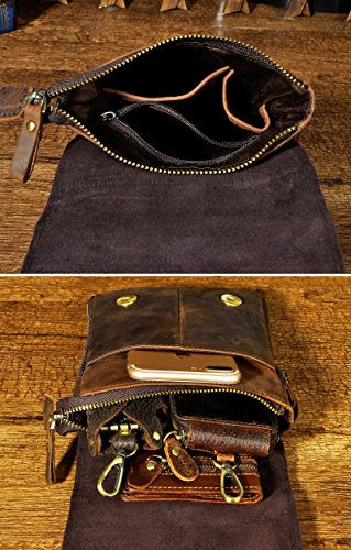 Le'aokuu Mens Genuine Leather Coffee Fanny Small Messenger Shoulder Satchel Waist Bag Pack (Dark Brown Large)