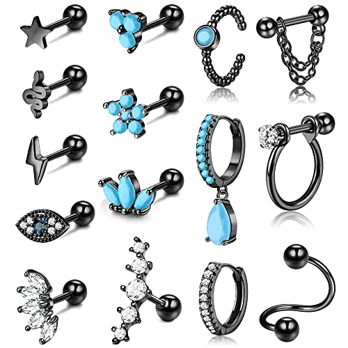 Drperfect Cartilage Earring Set Spiral Curved Flower Snake Cuff Dangle Chain Turquoise Stud Hoop Cartilage Helix Conch Piercing Jewelry