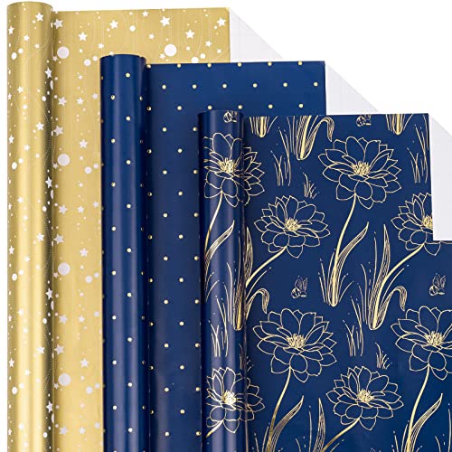 LeZakaa Floral Wrapping Paper Roll - Mini Roll - Gold Stamping Design - Lotus/Star/Dot for Wedding, Bridal Shower, Birthday - 17 x 120 inches - 3 Rolls (42.5 sq.ft.ttl.)