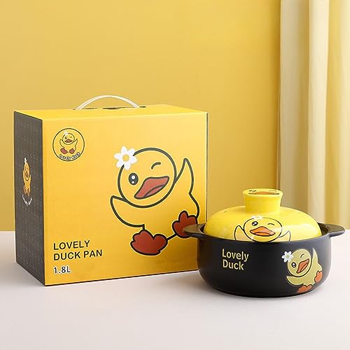 Korean Premium Duck Cartoon Ceramic Yellow Casserole Clay Pot with Lid, Perfect for Cooking Hot Pot, Dolsot Bibimbap, and Soup (2-Quarts)
