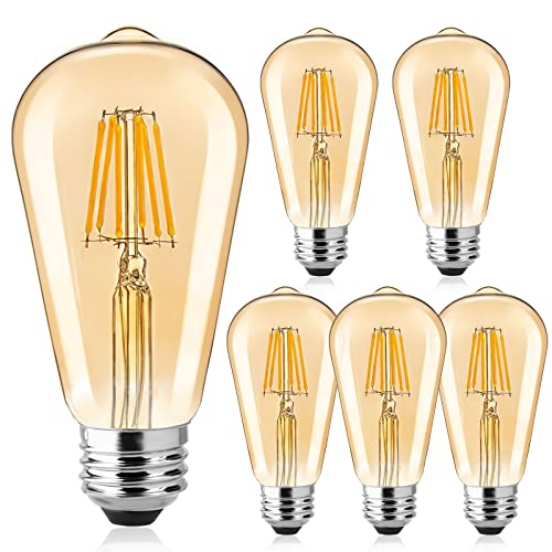LED Edison Light Bulbs,6Pcs Vintage 6 Watt, Equivalent 60W Incandescent Light Bulbs, E26 Base Dimmable Decorative Antique Filament Light Bulbs with 85+ CRI, Warm White