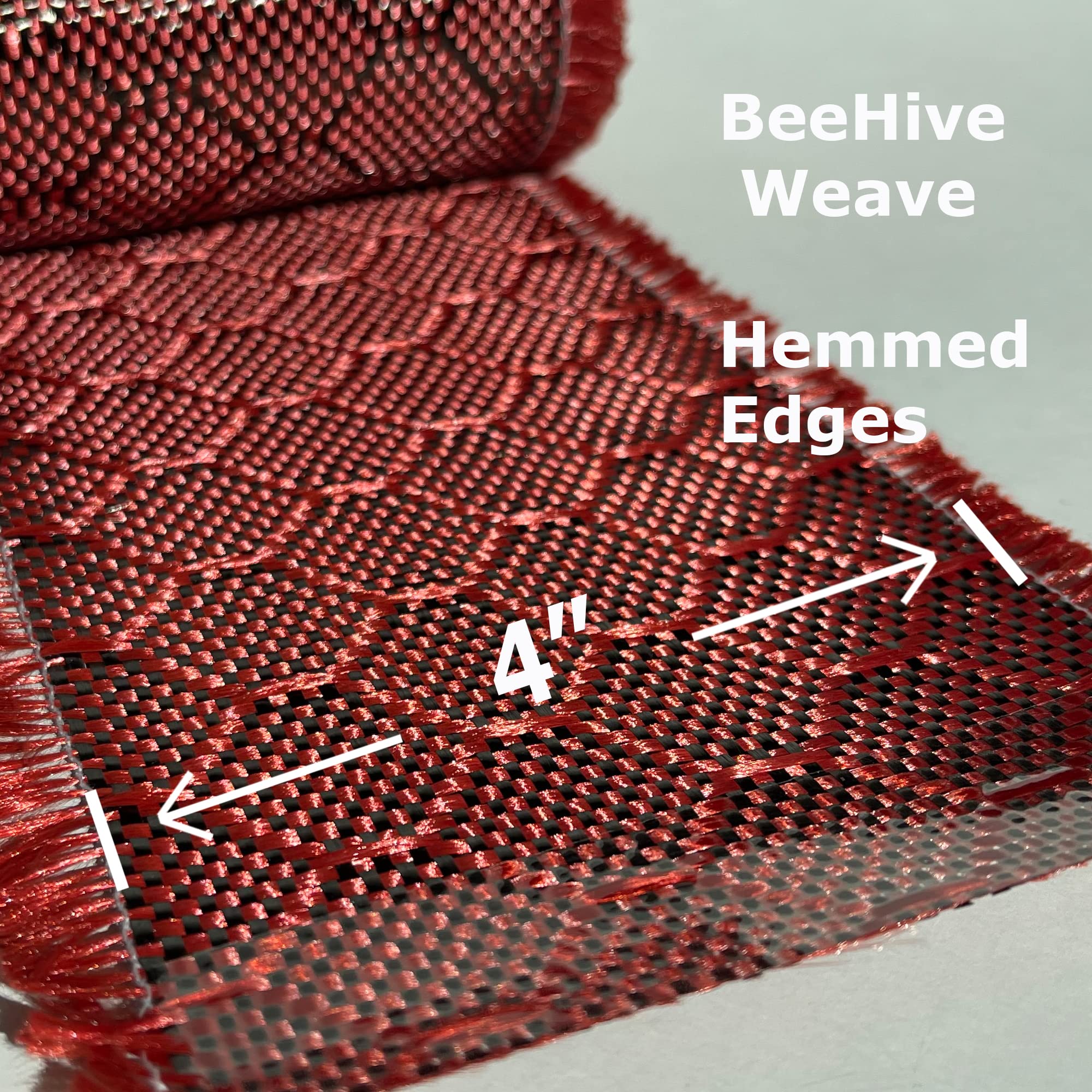 KARBXON - 4 in x 10 ft β Beehive Weave - Carbon Fiber Aramid Fabric - Red - 3K - 240g/meter - Beehive Weave 4β Wide Hemmed Fabric for Repair, DIY Projects (4, 10 ft)