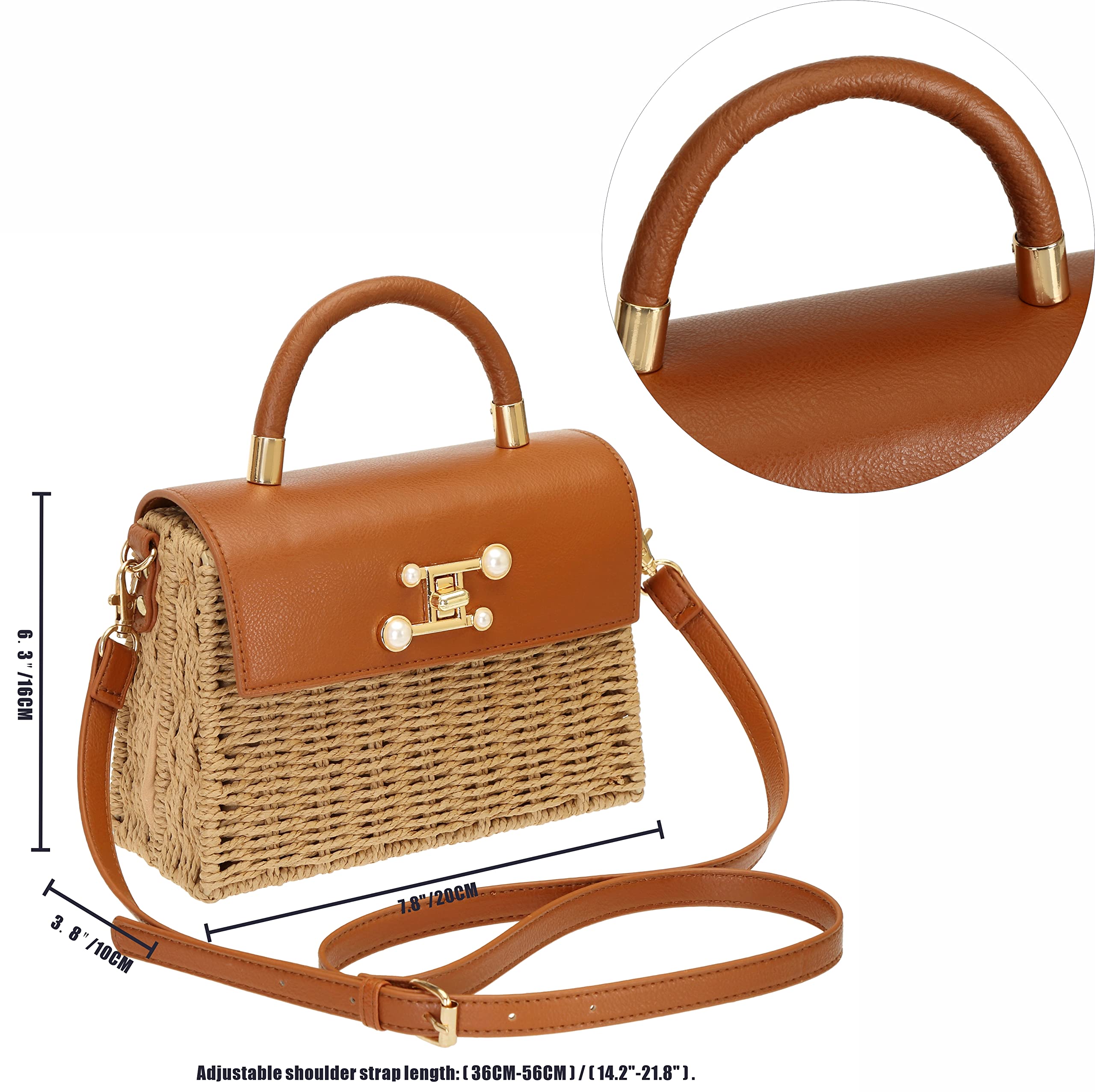 FUSMIC Women's Handbag Straw Handmade Decorative Buckle Square Rattan Weave Shoulder Bag Khaki