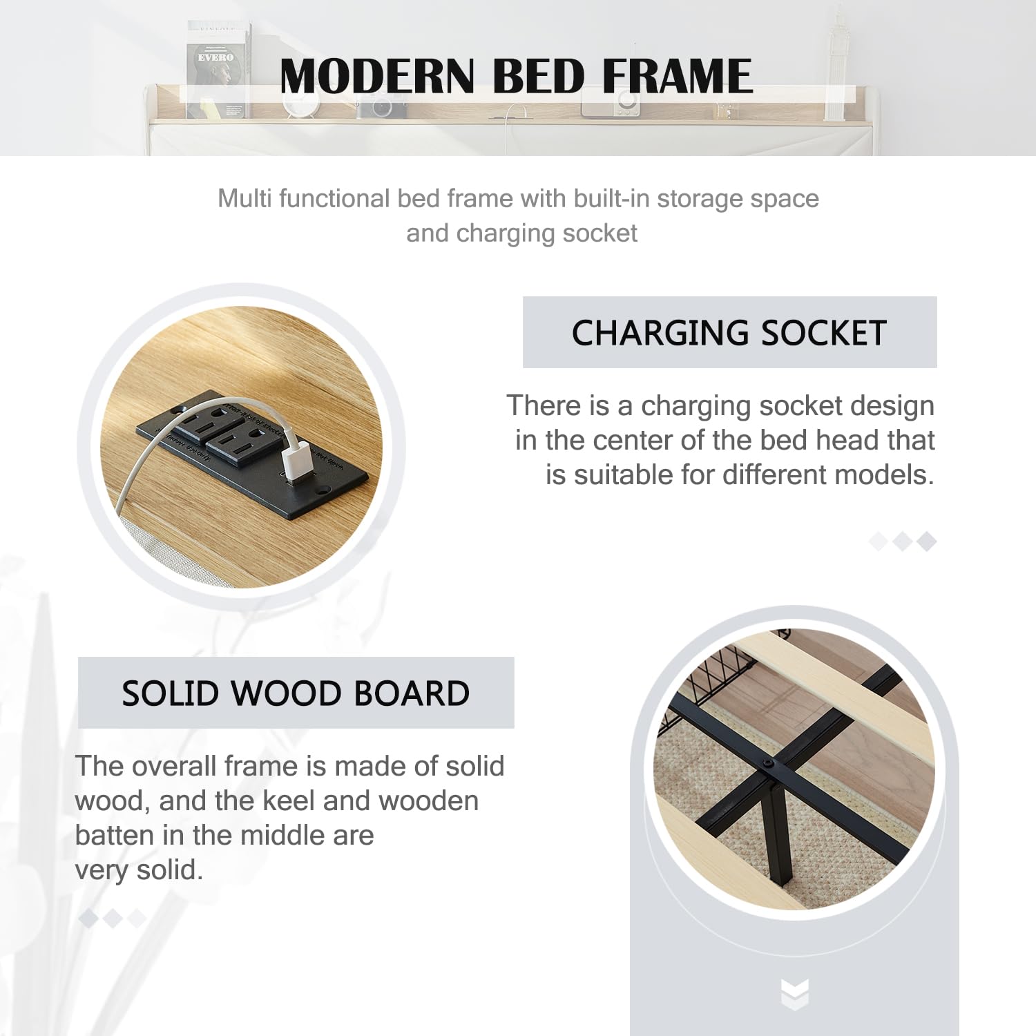 Hixkol Queen Bed Frame with Storage, Bed Frame with Drawers, AC USB & Type C Charge Station,Easy Assembly, Beige