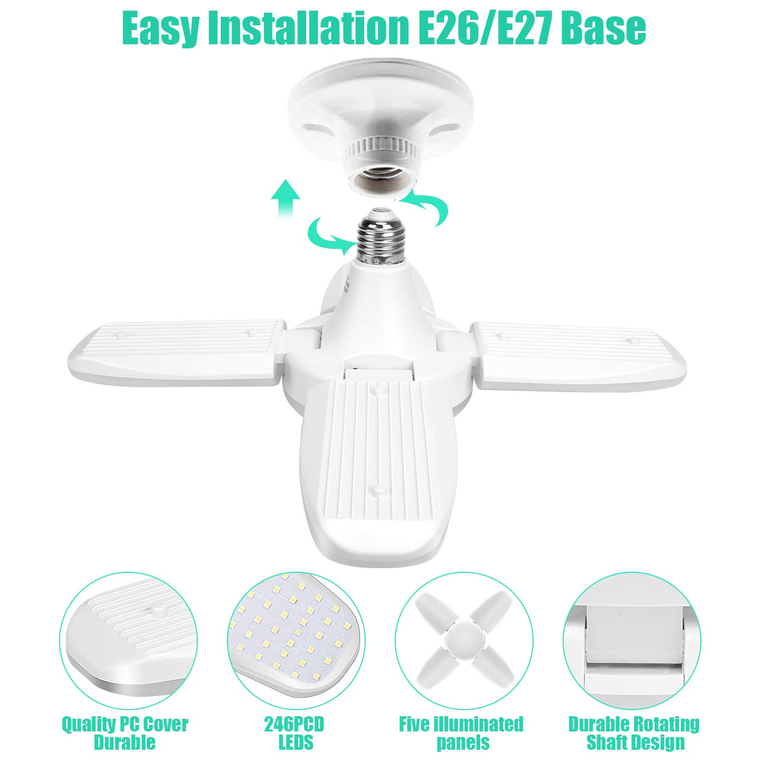 CREATESTAR LED Garage Lights, 6000LM 60W E26/E27 Led Basement Lights - Deformable Garage Ceiling Lighting lamp, LED Light Bulbs for Garage, Workshop, Workbench, Barn, Warehouse, Full Area, Shop