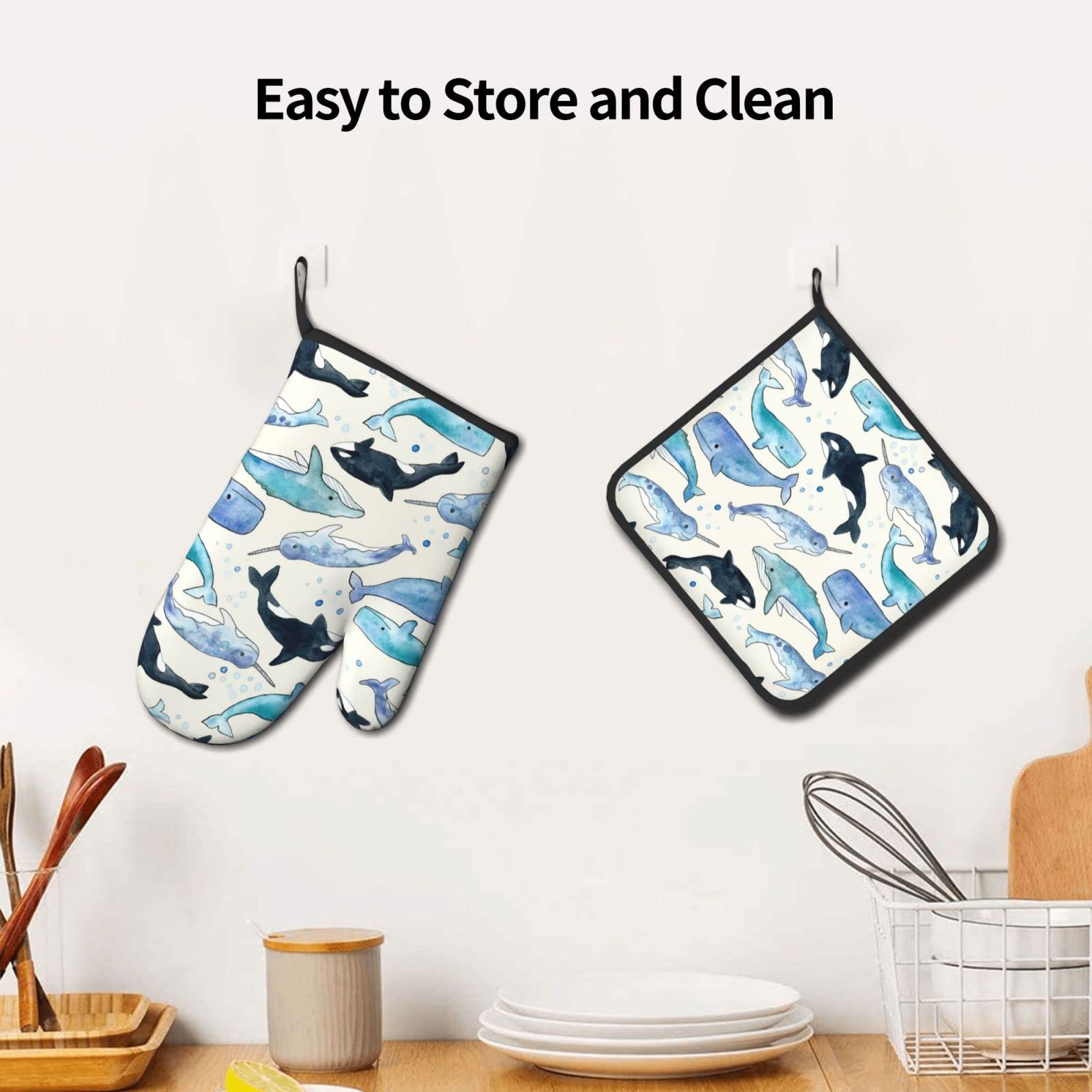 Cute Whale Oven Mitts and Pot Holders Sets of 2, Non-Slip Cooking Hot Pads Washable Heat Resistant for Kitchen Microwave BBQ Baking Grilling