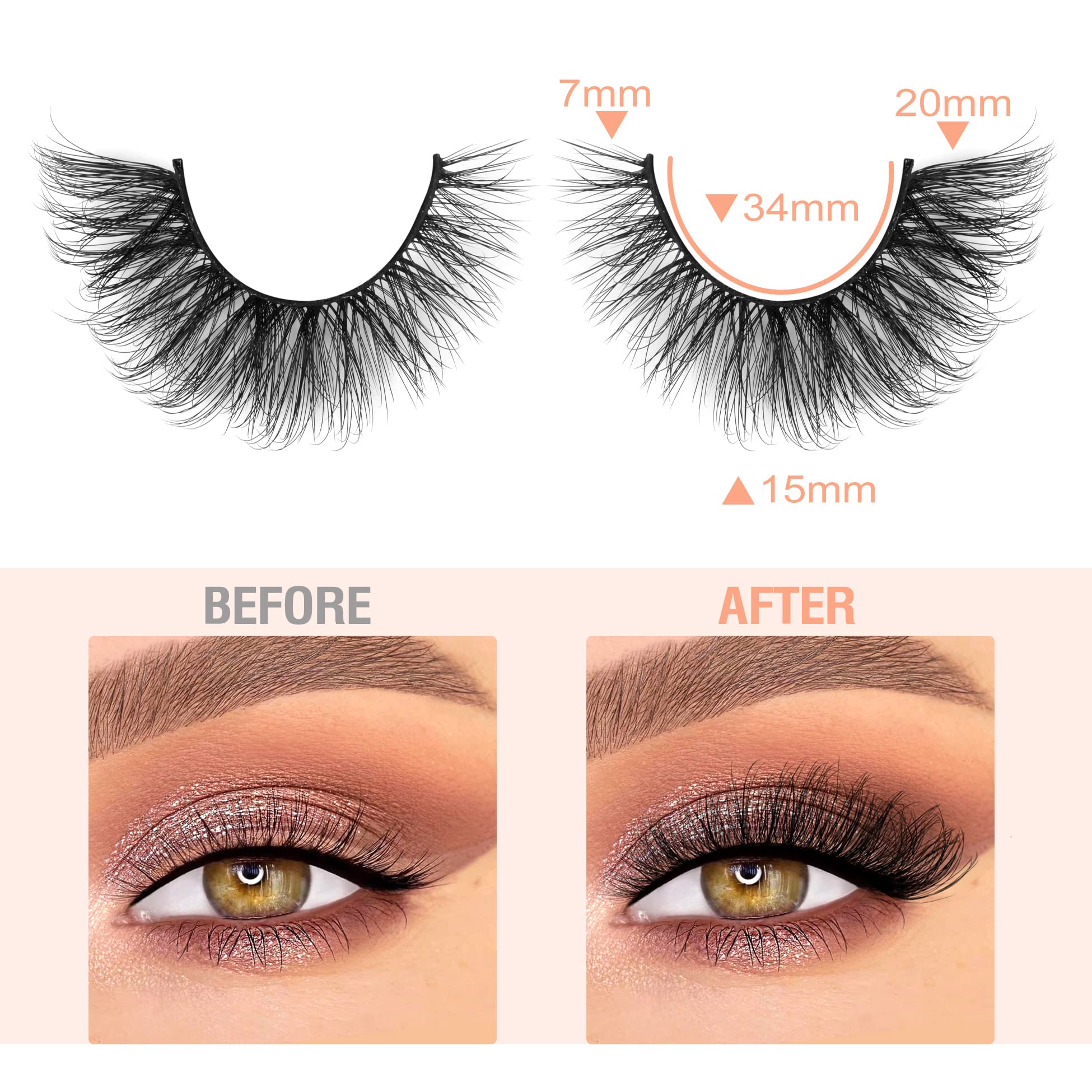 Fox Eye Lashes Fluffy Eyelashes Natural Looking 20MM Wispy False Lashes 8D Full Volume Faux Mink Eyelash Pack 7 Pairs