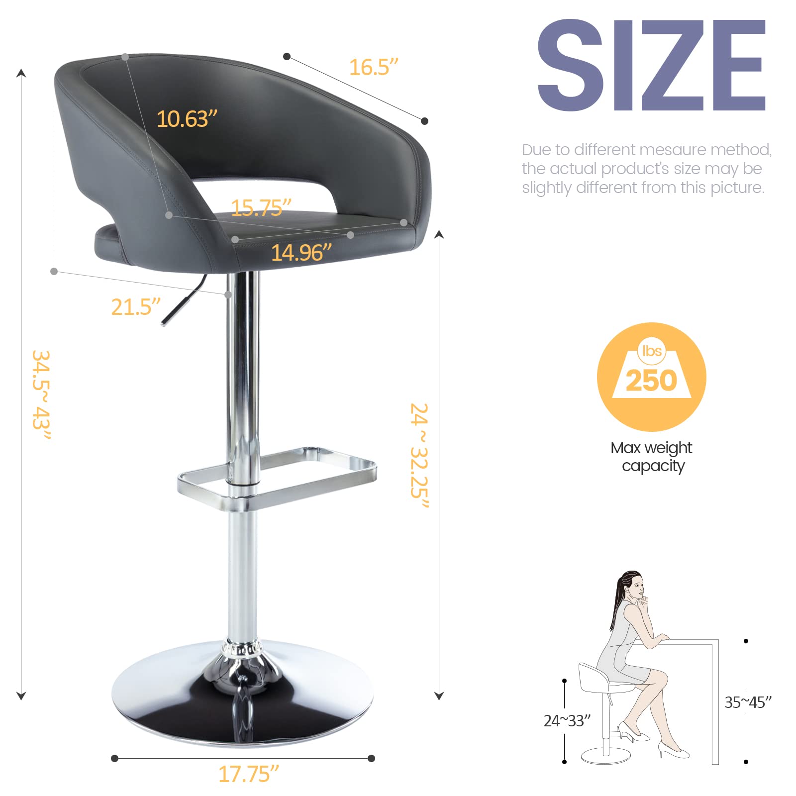Vogue Furniture Direct Adjustable Bar Stool with Hollow Back and Arms, Modern PU Leather Swivel Barstool, Airlift Counter Height Bar Chair for Kitchen Dining Room (Grey)