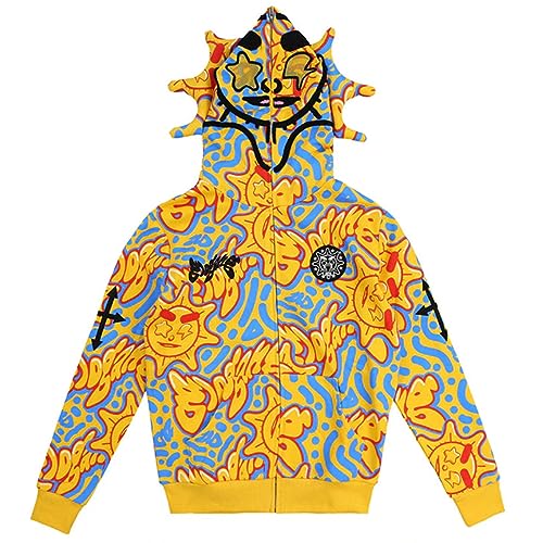 KOSUSANILL Y2k Womens Men Full Zip Up Designer Hoodies Over Face Retro Lazy Style Harajuku Puff Graphic Print Oversized Jacket Streetwear