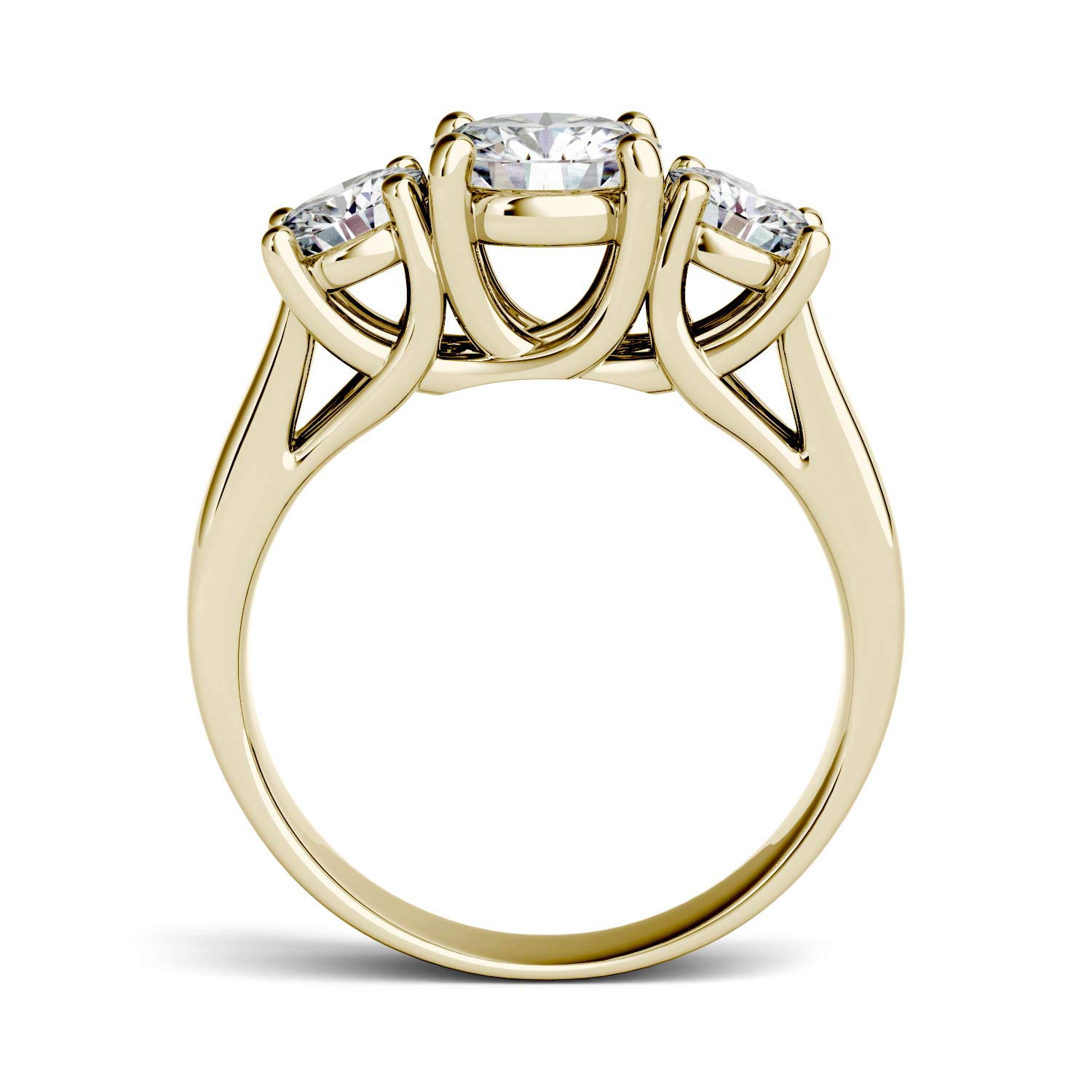 Charles & Colvard Created Moissanite 6.5mm Round Cut Three Stone Ring for Women | 2 cttw DEW | Lab Grown | Solid 14K Yellow Gold | Size 7