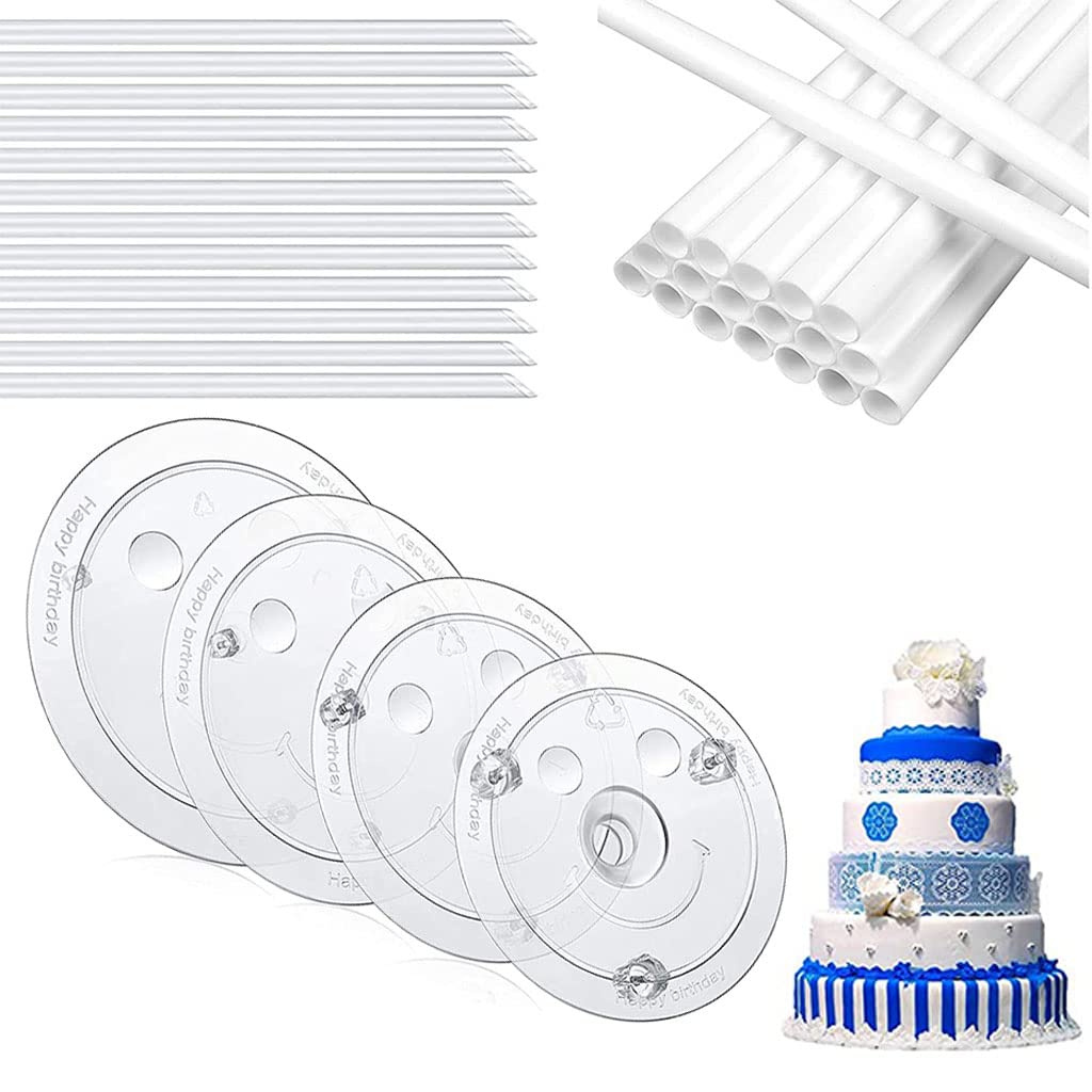 EBOCACB Smiley Plastic Cake Dowel Rods Set，12 Pcs White Plastic Cake Dowel Rods,12 Pcs Clear Cake Stacking and 4 Pcs Smiley Cake Separator Plates for 4, 6, 8, 10 Inch Cakes