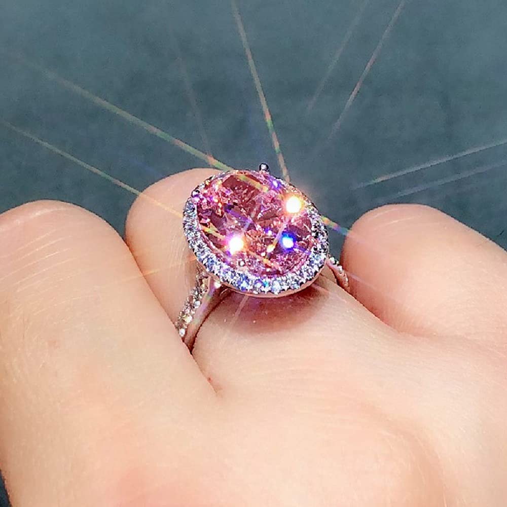 DONGYUANXU Full Diamond Micro Set 4 Carat Egg shaped Diamond Colored Pink Zircon Celebrity Diamond Ring Engagement Women's Wedding Diamond Ring Emerald Set Princess Diamond Ring PINK(US Code 8)