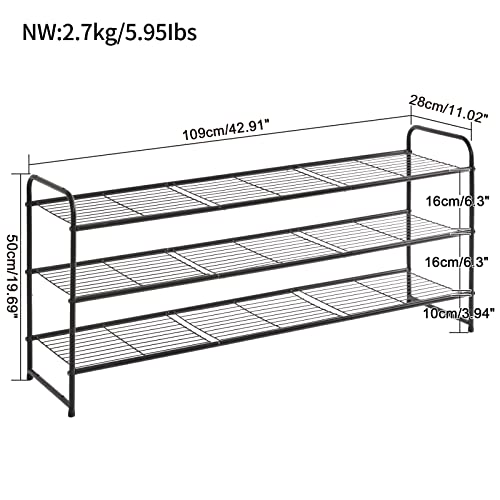 YMYNY Freestanding Shoe Racks, 3 Tiers Stackable & Adjustable Shoe Storage Shelf, Extra Large Capacity Shoe Organizer Stand for 20-24 Pairs, for Entryway, Closet, Bedroom, Black, 42.9" L, UHXJ302B