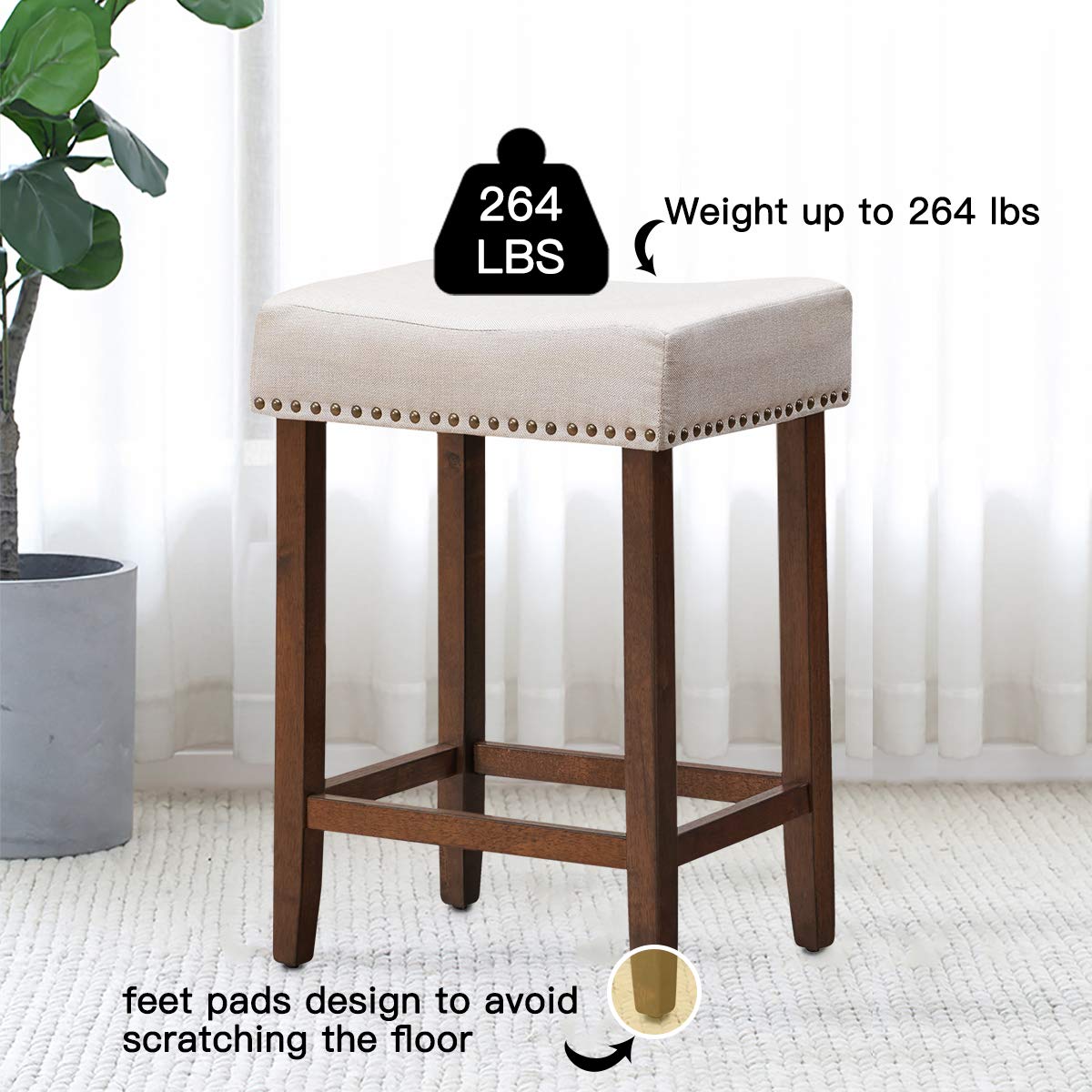 COSTWAY Saddle Stools Set of 2, 29-inch Counter Height Backless Stools with Brass Nailhead Trim, Solid Wood Legs, Foot Rest, Max Load 264 Lbs, Upholstered Bar Chair for Kitchen Island Pub, Grey