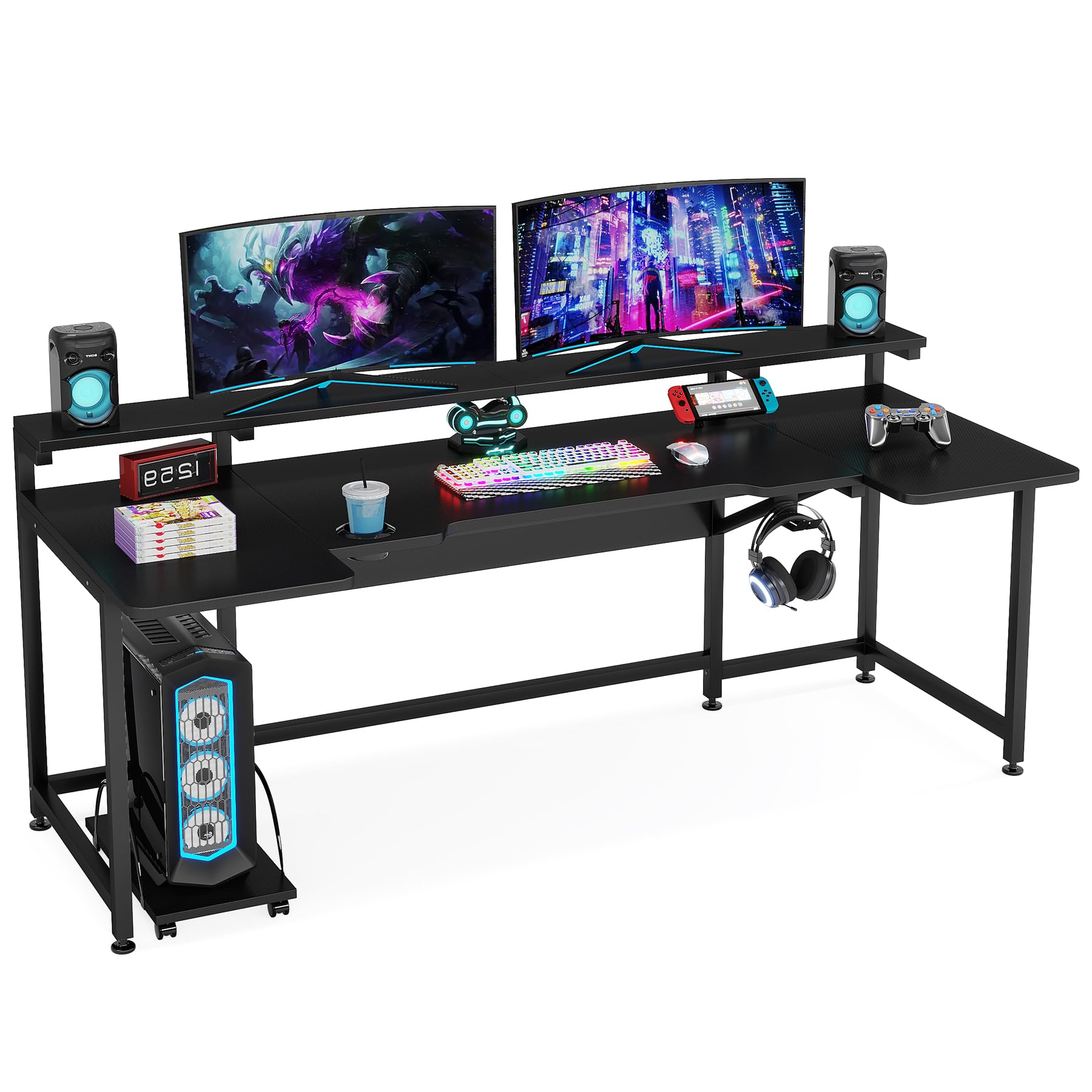 Tribesigns 74.8 Inch Gaming Desk, Extra Long U Shaped Computer Desk with Monitor Stand Shelf and CPU Stand, Black Gamer Desk for Home Office, Gaming