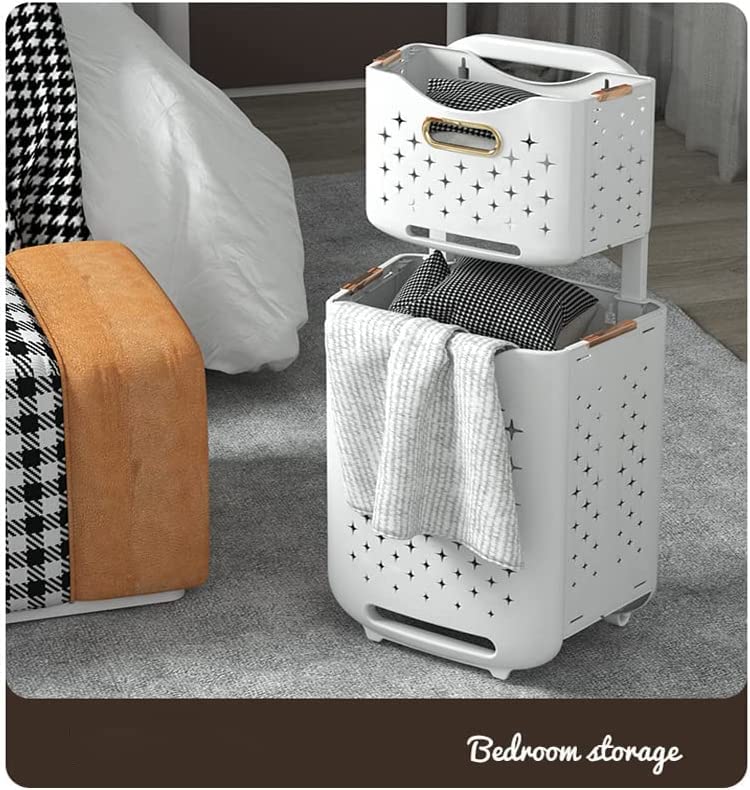 Laundry Baskets on Wheels, Laundry Trolley, Laundry Collector with 2 Layers, 2 Storage Baskets, Laundry Sorter for Bedroom, Bathroom for Clothes and Toys, Total 77L, Plastic, 75x34.5x26cm (New)