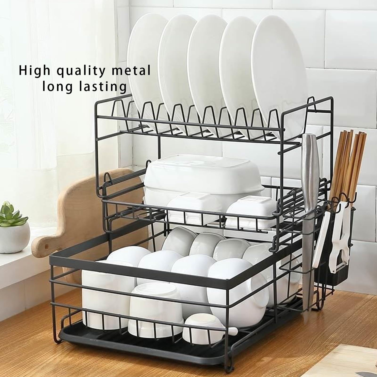 ClearTone 3 Tier Dish Drying Racks, Black Dish Drying Rack for Kitchen Counter, Stainless Steel Dish Strainers for Kitchen Counter with Drainboard Pan Slots and Utensil Holder,Black