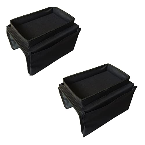 RNCOZE 2PCS Sofa Armrest Organizer with 5 Pockets, Hanging Couch TV Remote Storage Organizer with Cup Holder Tray, Sofa Slipcover Organizer Sofa Couch Armchair Caddy Holder (Black)