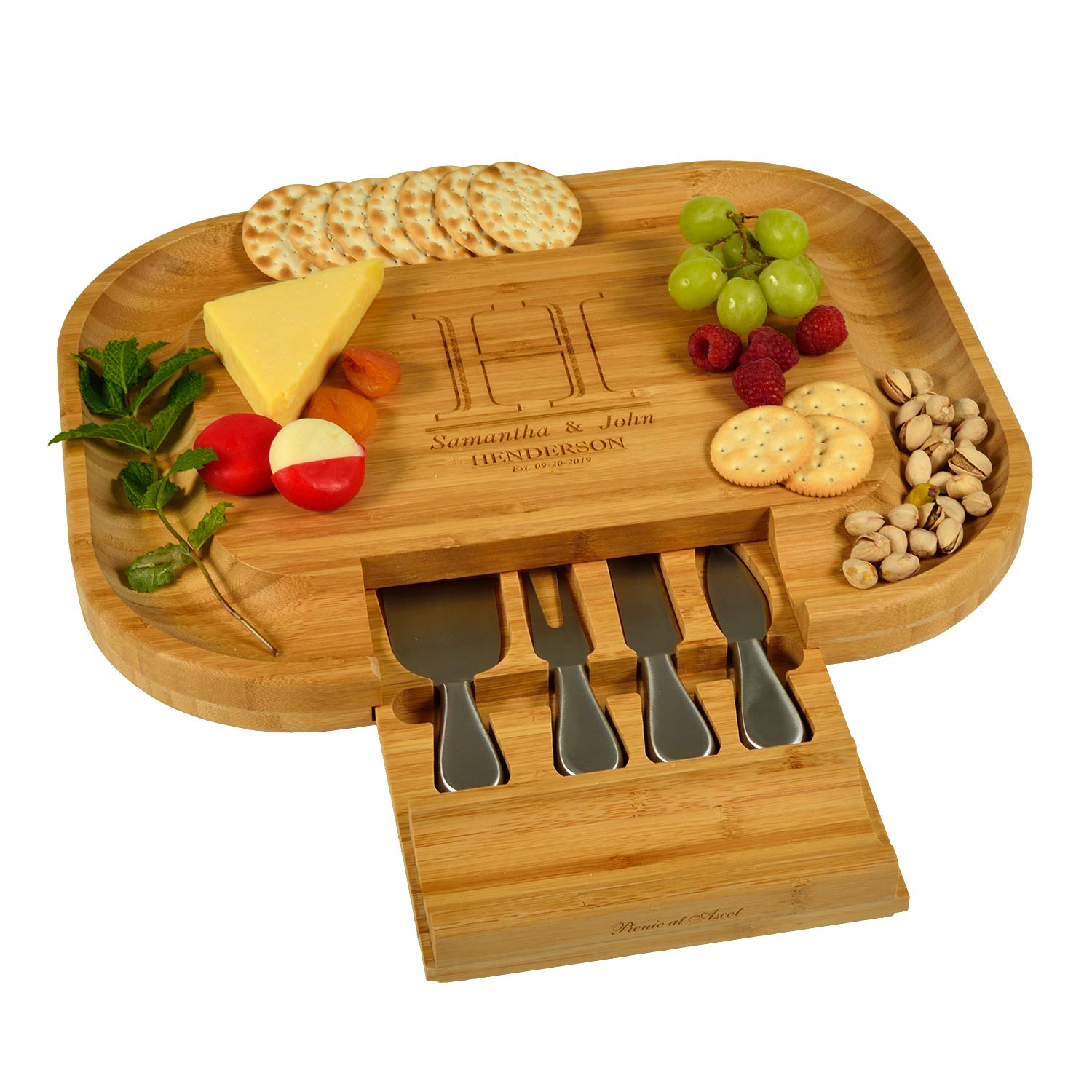 Custom Personalized Engraved Bamboo Cheese/Charcuterie Cutting Board with Knife Set & Cheese Markers- Designed & Quality Checked in USA