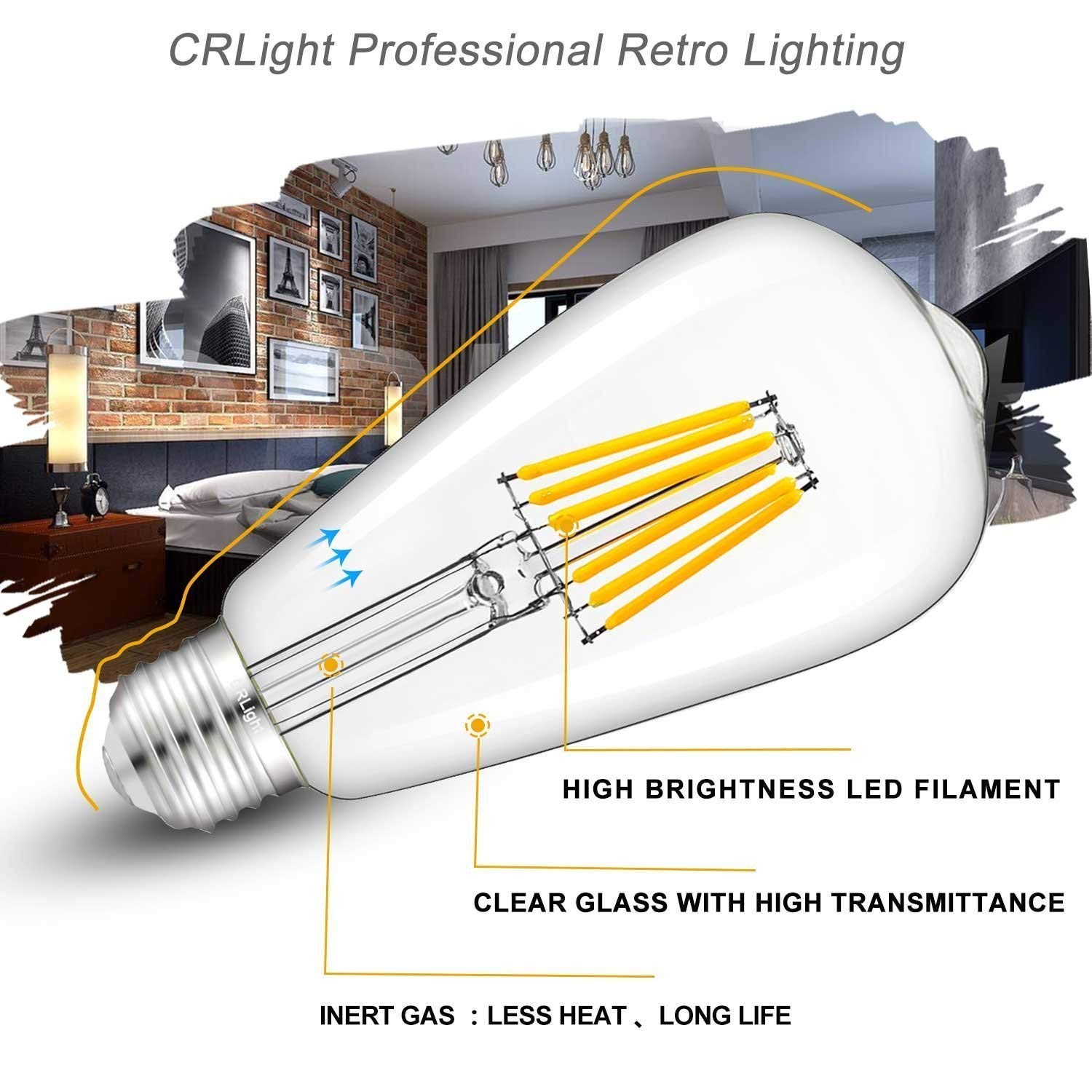 CRLight Dimmable 6W LED Edison Bulb, 60W Equivalent 3000K Soft White, ST64 Vintage Edison Light Bulbs, 600 LM E26 Clear Glass Lightbulbs, Pack of 6