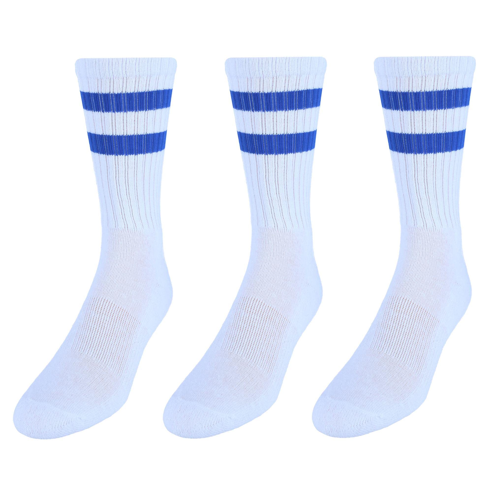 CTM® Men's Crew Striped Socks (3 Pairs), White with Royal Blue Stripes
