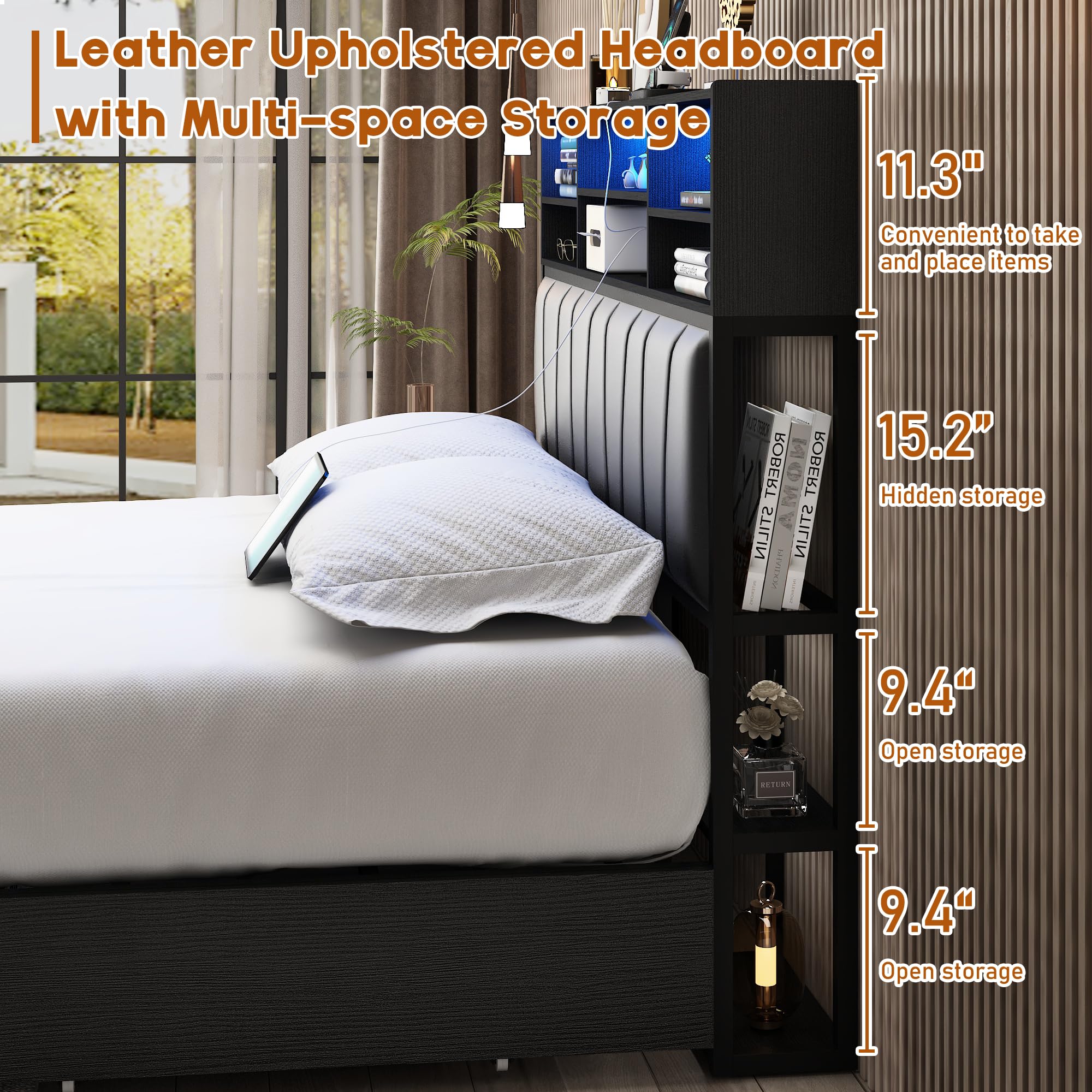 Hlivelood Full LED Bed Frame with Storage Headboard & 4 Drawers, Metal Platform Bed Frame with Charging Station, Bookcase Storage, No Box Spring Needed, Easy Assembly, Black