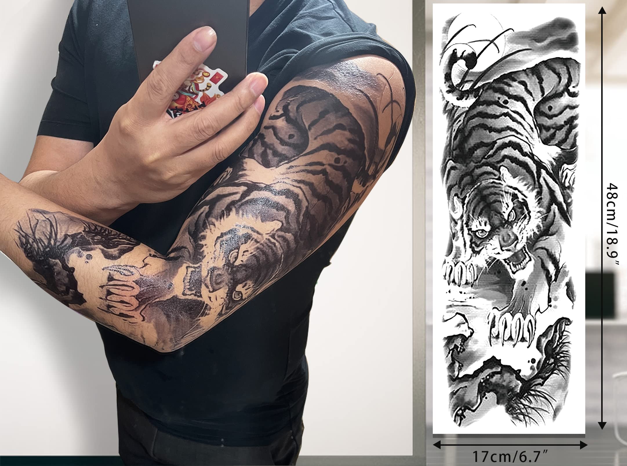 CUTELIILI Full arm temporary tattoo for Men,12sheets (L19“xW7”) Sleeve Tattoos temporary, Fake Tattoos That Look Real and Last long,Tiger Dragon Koi Evil Eyes
