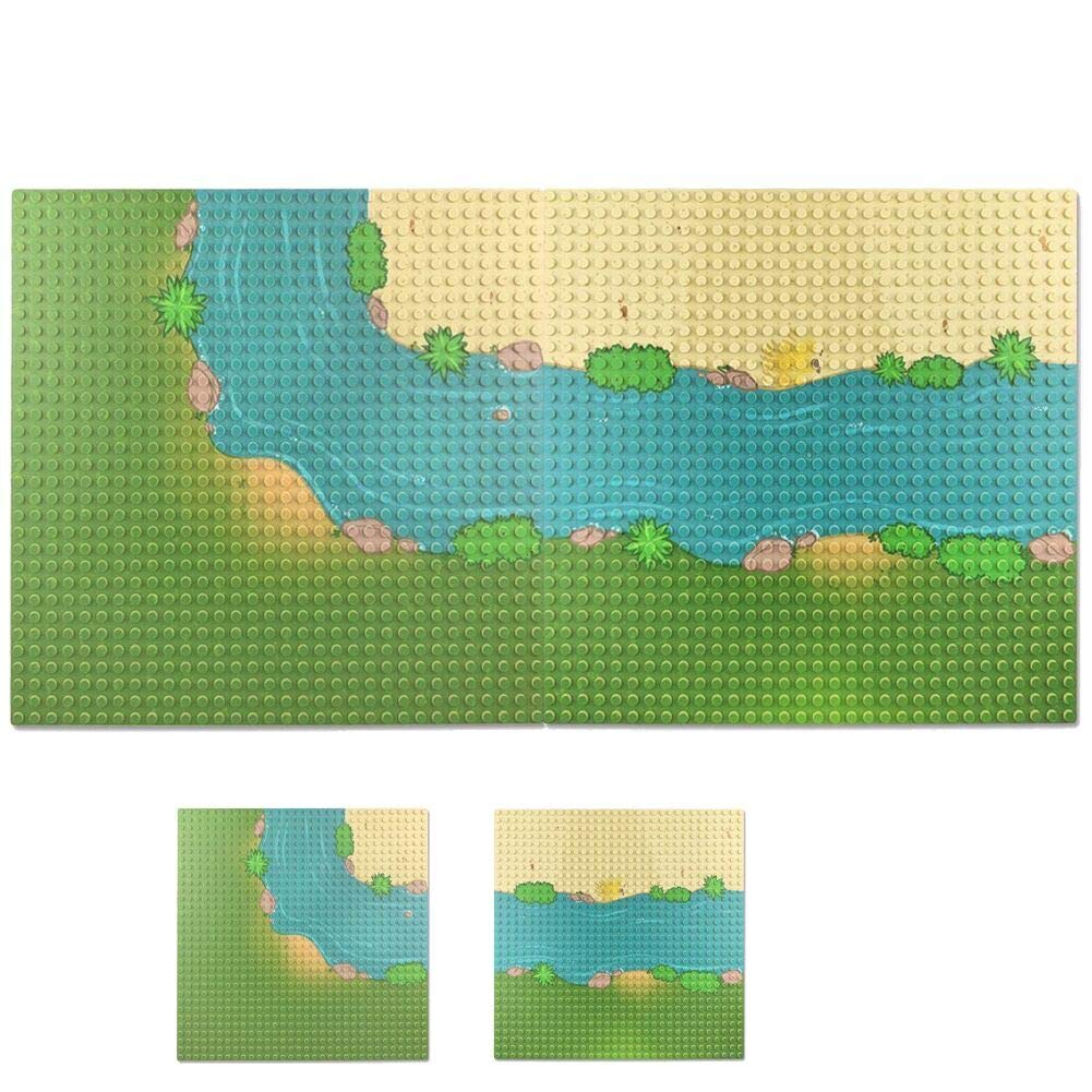 Taken All Grassland Rivers Pattern Baseplate 10" x 10" - Building Brick Base Plate Perfect Combination with Major Brands,for City Roads Building Blocks Kids Toy (1 Straight + 1 Curve)
