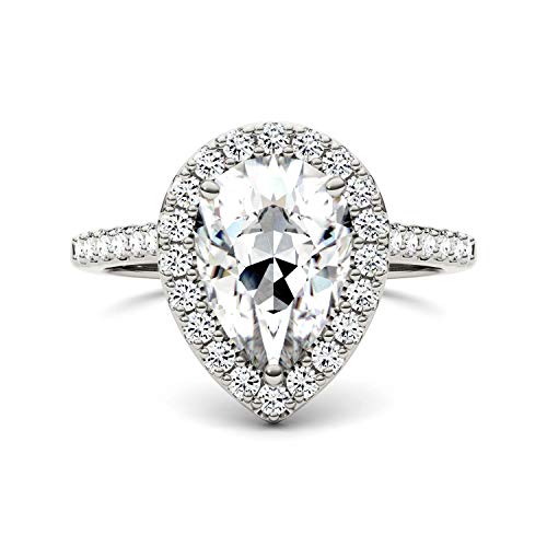 Charles & Colvard Created Moissanite 10x7mm Pear Cut Engagement Ring for Women | 2.58 cttw DEW | Lab Grown | Solid 14K White Gold with Rhodium | Size 6.5