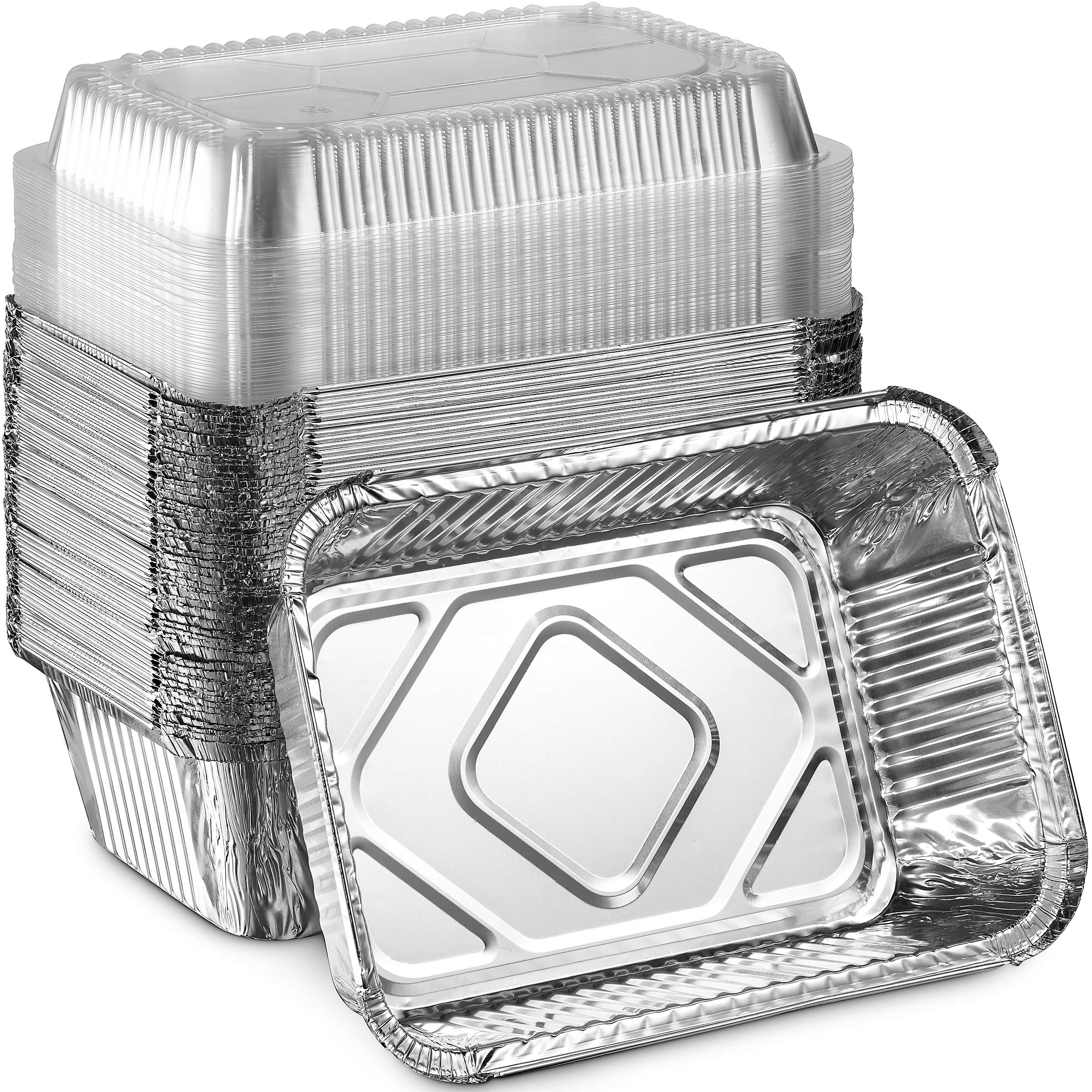 MontoPack Disposable Takeout Pans with Clear Lids | 5lb Capacity Aluminum Foil Food Containers with Seal for Freshness | Eco-Friendly & Recyclable | 25-Pack 6.5x9.5” Drip Pans