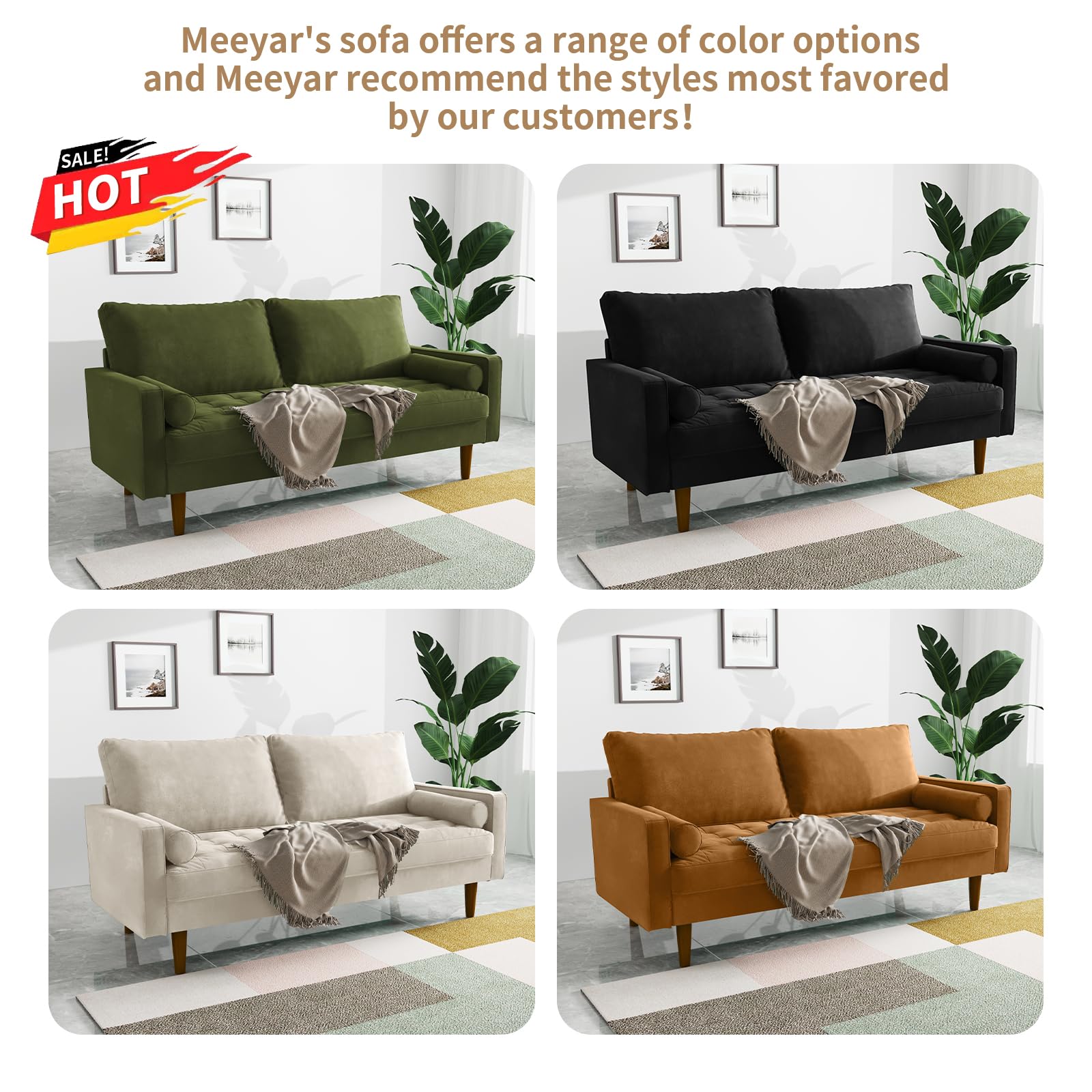 Meeyar 70" Velvet Loveseat Sofa, Couch for Small Apartment, Mid-Century Modern Loveseat Sofas Couches for Living Room Bedroom, Solid Wood Legs, Square Arms(Olive Green, 70")