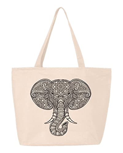 shop4everĀ® Mandala Elephant Heavy Canvas Tote with Zipper Reusable Shopping Bag 12 oz Natural 1 Pack