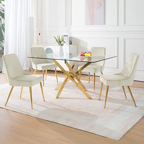 KithKasa Upholstered Dining Chairs Sets of 4 Mid-Century Modern Desk Comfy Side Chair with Gold Legs for Kitchen Living Room Cream