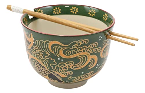 Ebros Gift Colorful Green And Yellow River Koi Fishes With Crystals Ramen Udong Noodles Bowl With Built In Chopsticks Rest and Bamboo Chopstick Set for Kitchen Dining Soup Rice Meal Bowls (1)