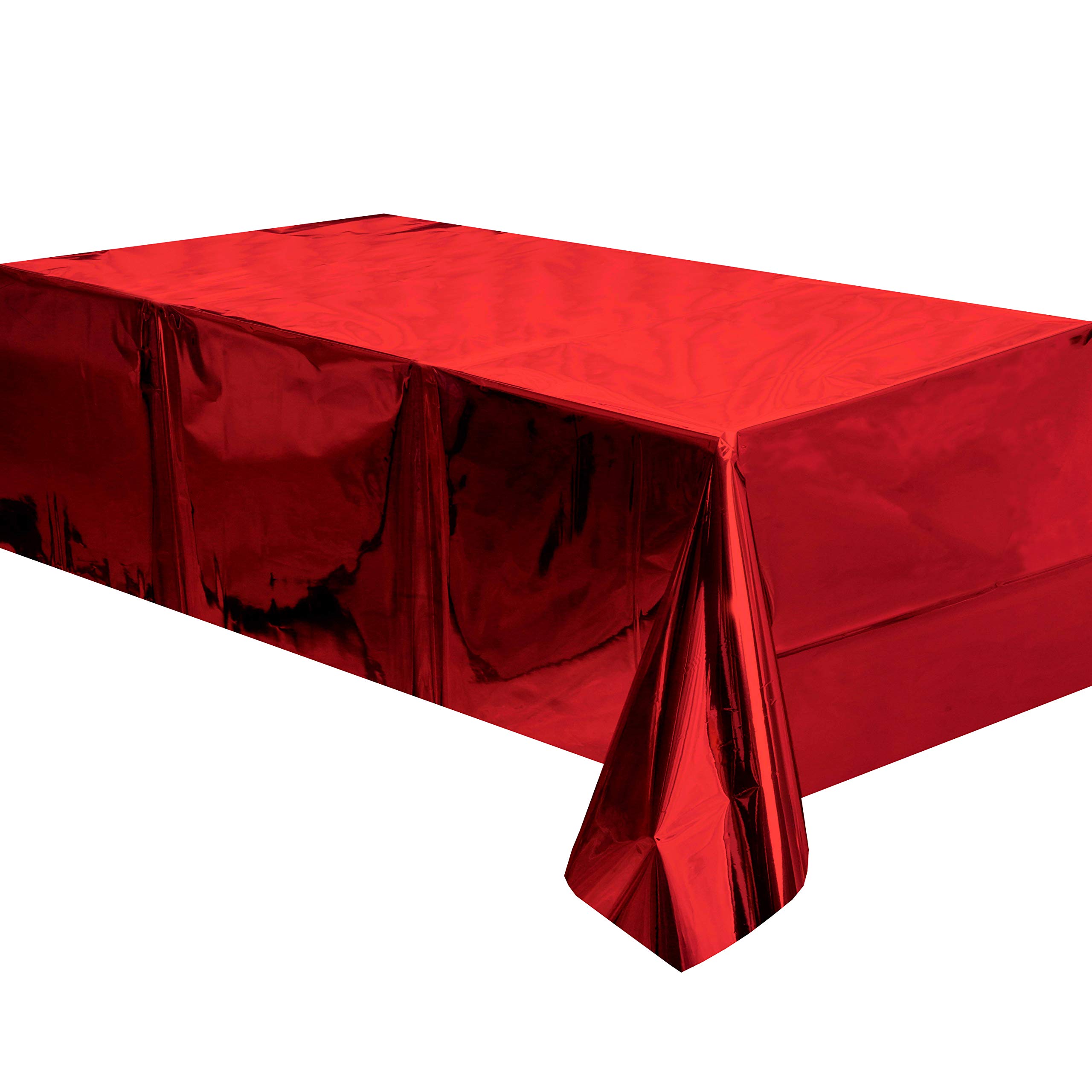 JUICY MOOM Red Foil Tablecloth Plastic Table Cover Rectangle Tables Tinsel Foil Table Cloth for Wedding Anniversary Birthday Graduation Bachelorette Thanksgiving Christmas Party, 54 x 108 Inch, 2pc