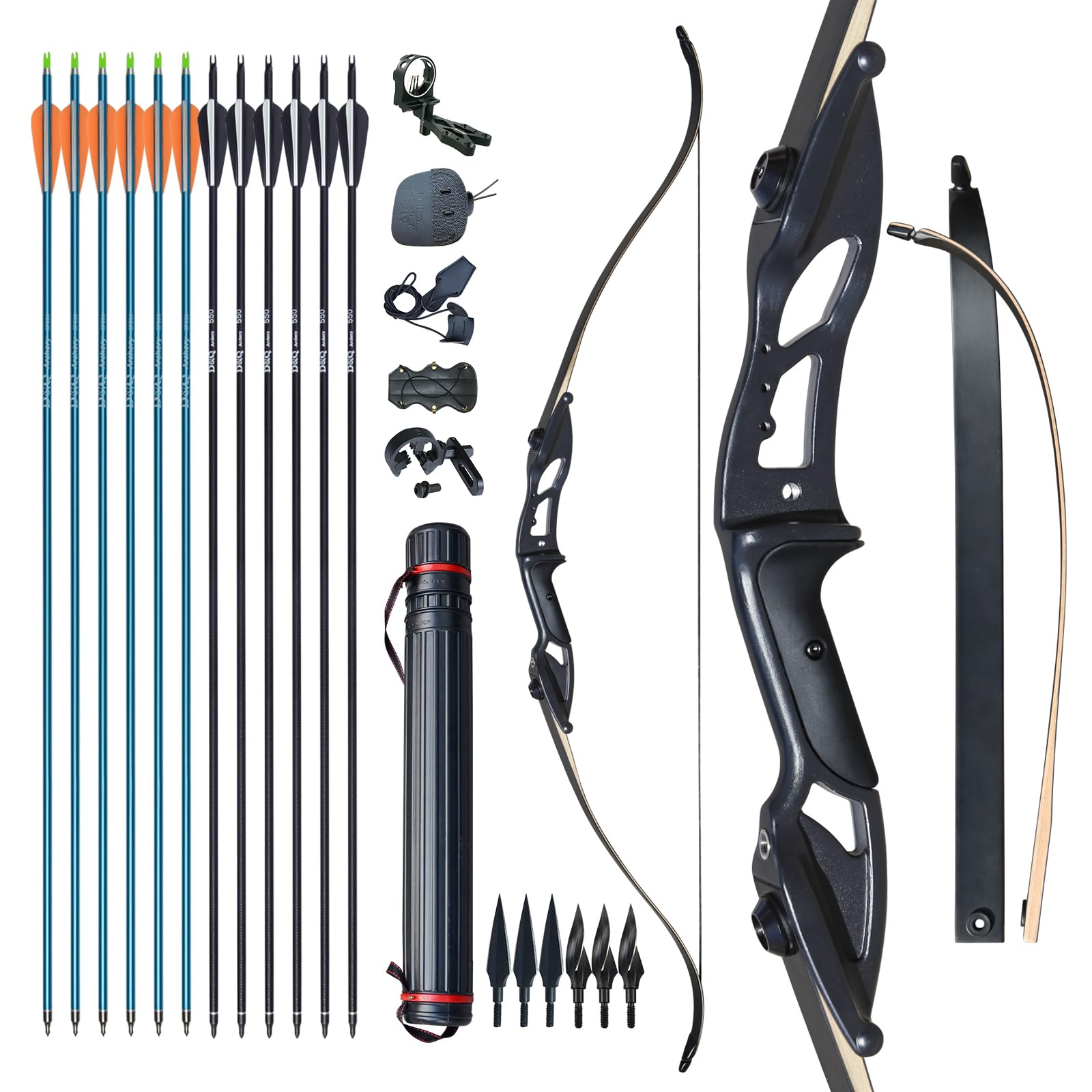 D&Q Bow and Arrow for Adults Takedown Recurve Bows Hunting Bow Archery Set Adult Longbows Kit 56" 30-50lb Right Hand Bow Aluminum Alloy Riser for Beginner and Professional Hunting Shootingļ¼Black,50lb
