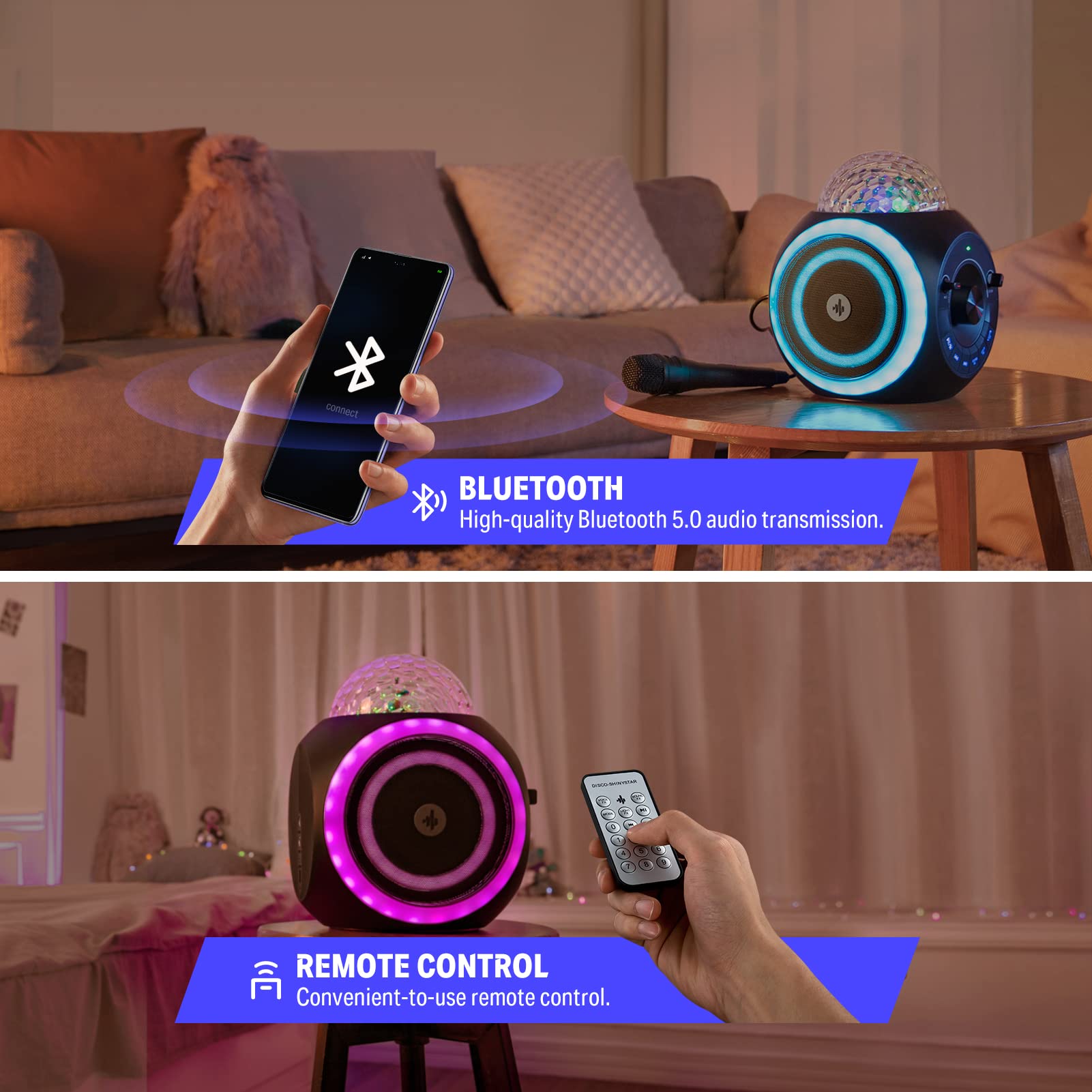 Donner Portable Karaoke Machine for Adults/Kids w/Disco Ball, Bluetooth PA Speaker System w/ 2 Microphones, 6 Voice Changer Effects&Autotune, 6 Party Light Effects, Remote Control - Disco-Shinystar