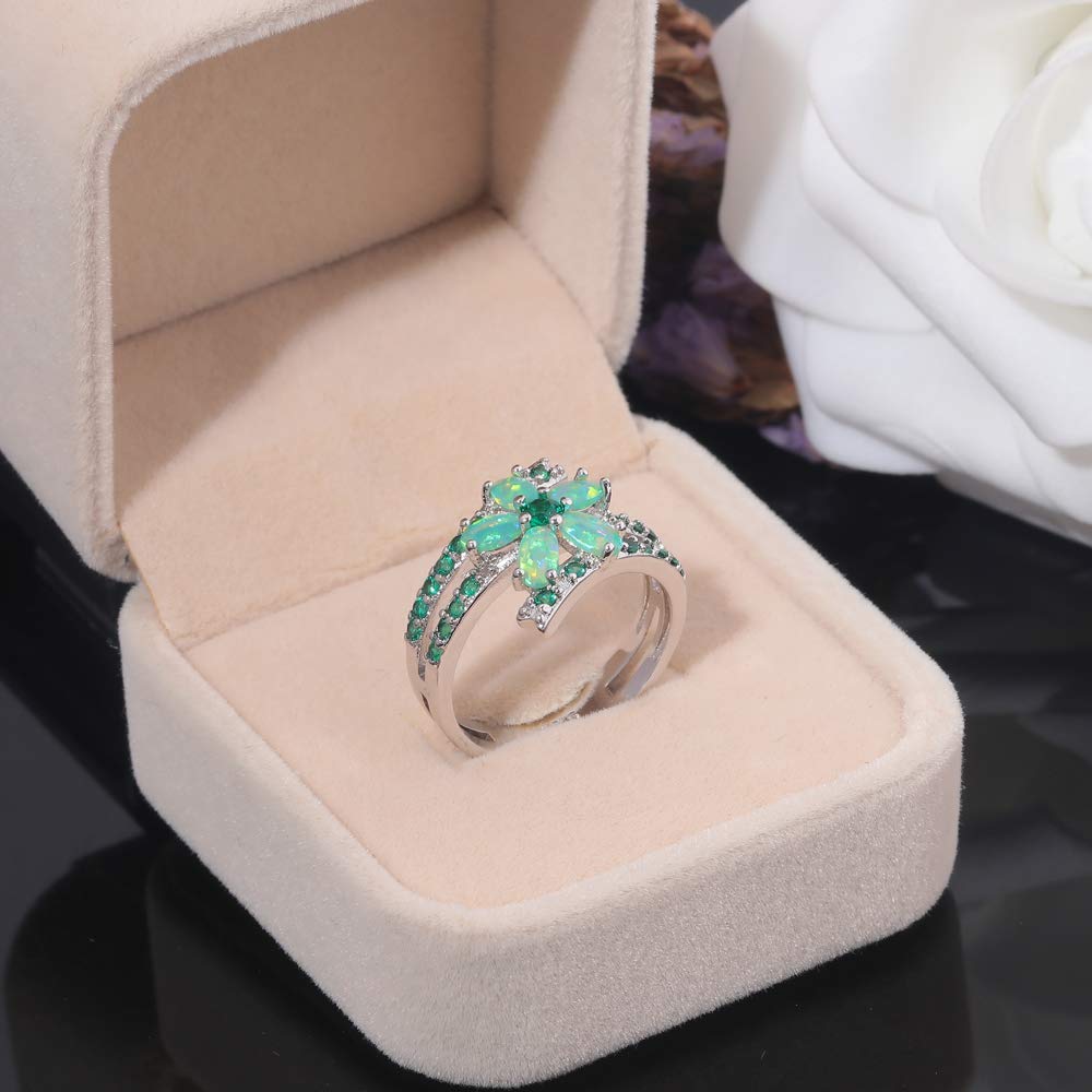 CiNily Silver Green Fire Opal Emerald Women Jewelry Gemstone Ring Size 5-12 (5)